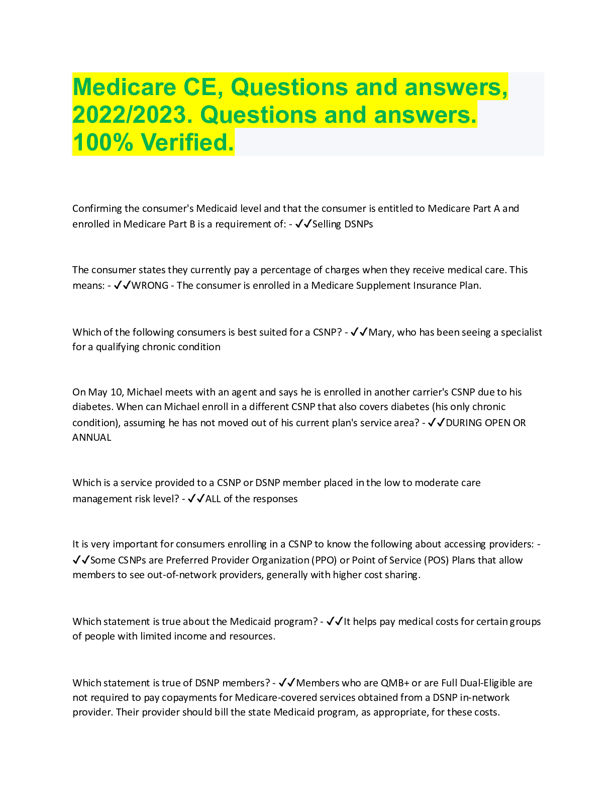 Medicare CE Questions And Answers - Scholarfriends