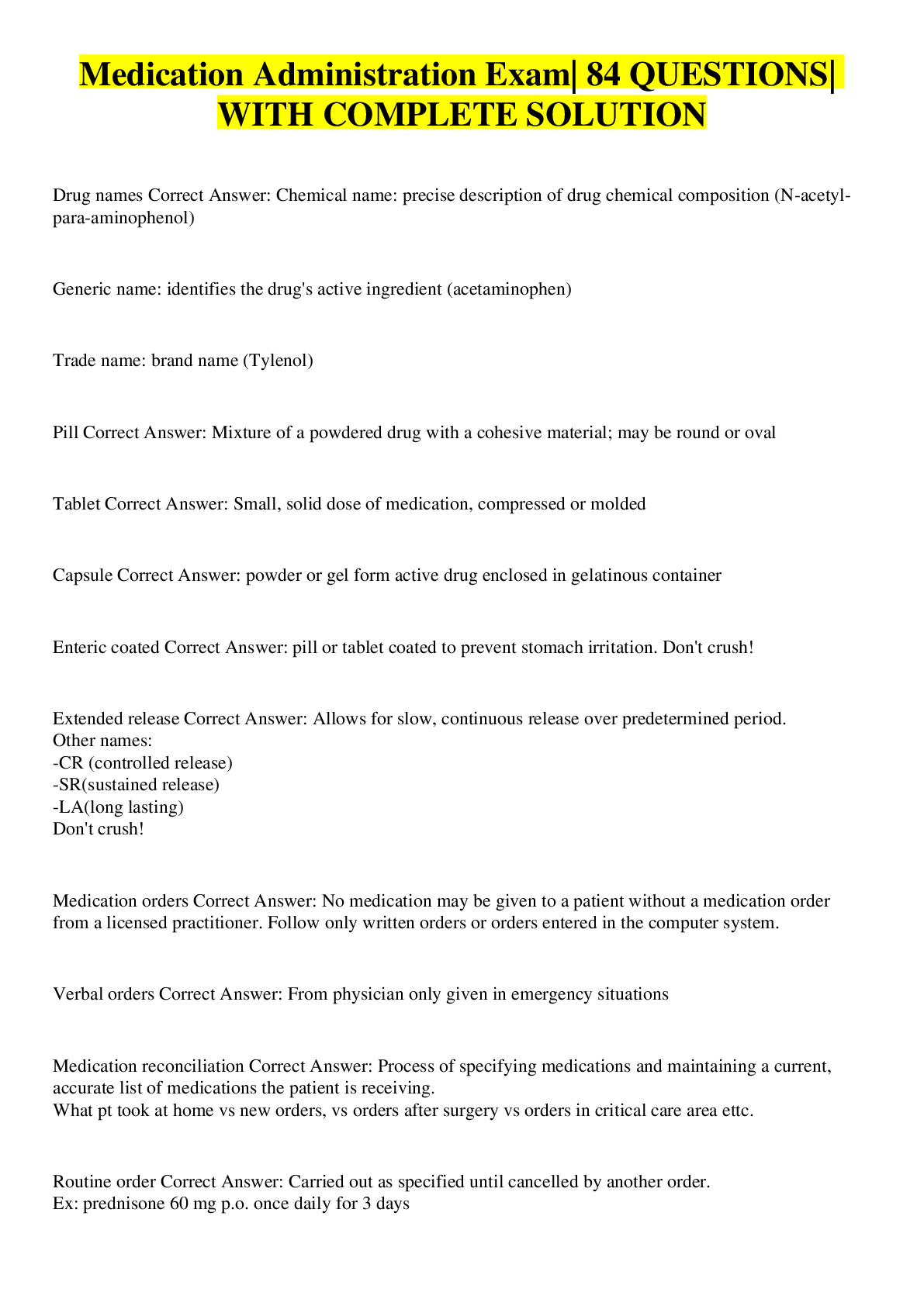 Medication Administration Exam| 84 QUESTIONS| WITH COMPLETE SOLUTION ...