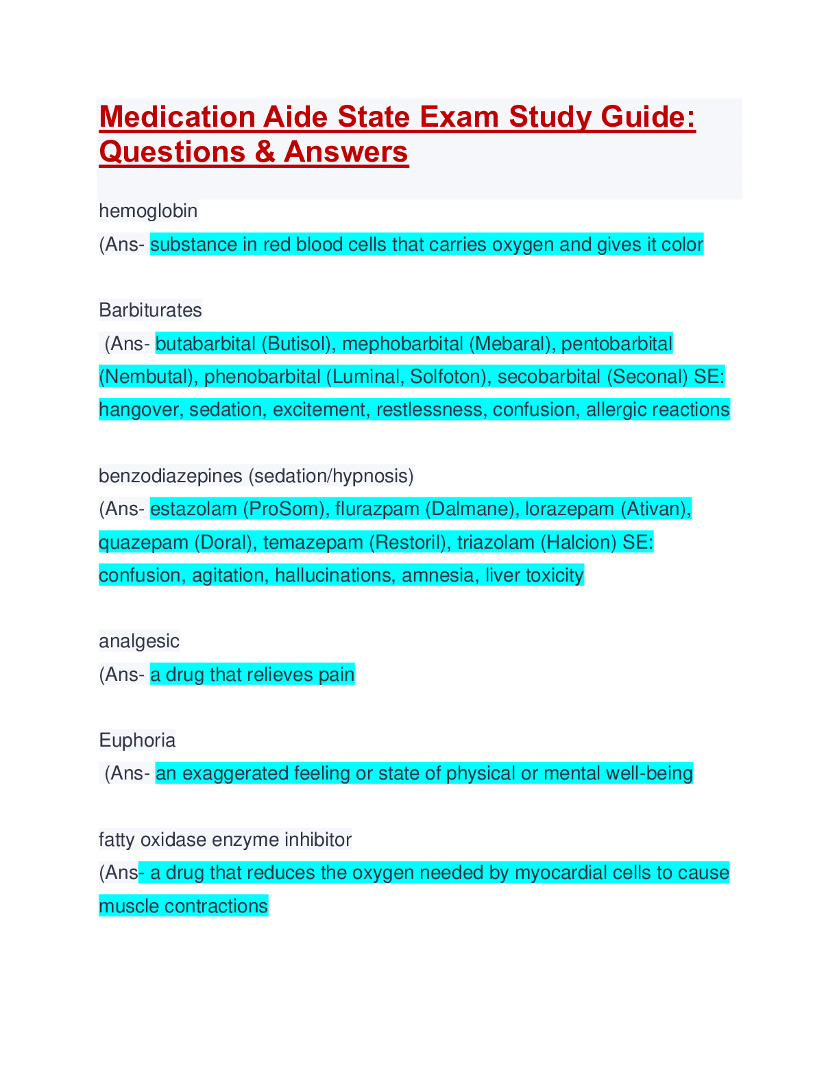 Medication Aide State Exam Study Guide: Questions & Answers: Latest ...