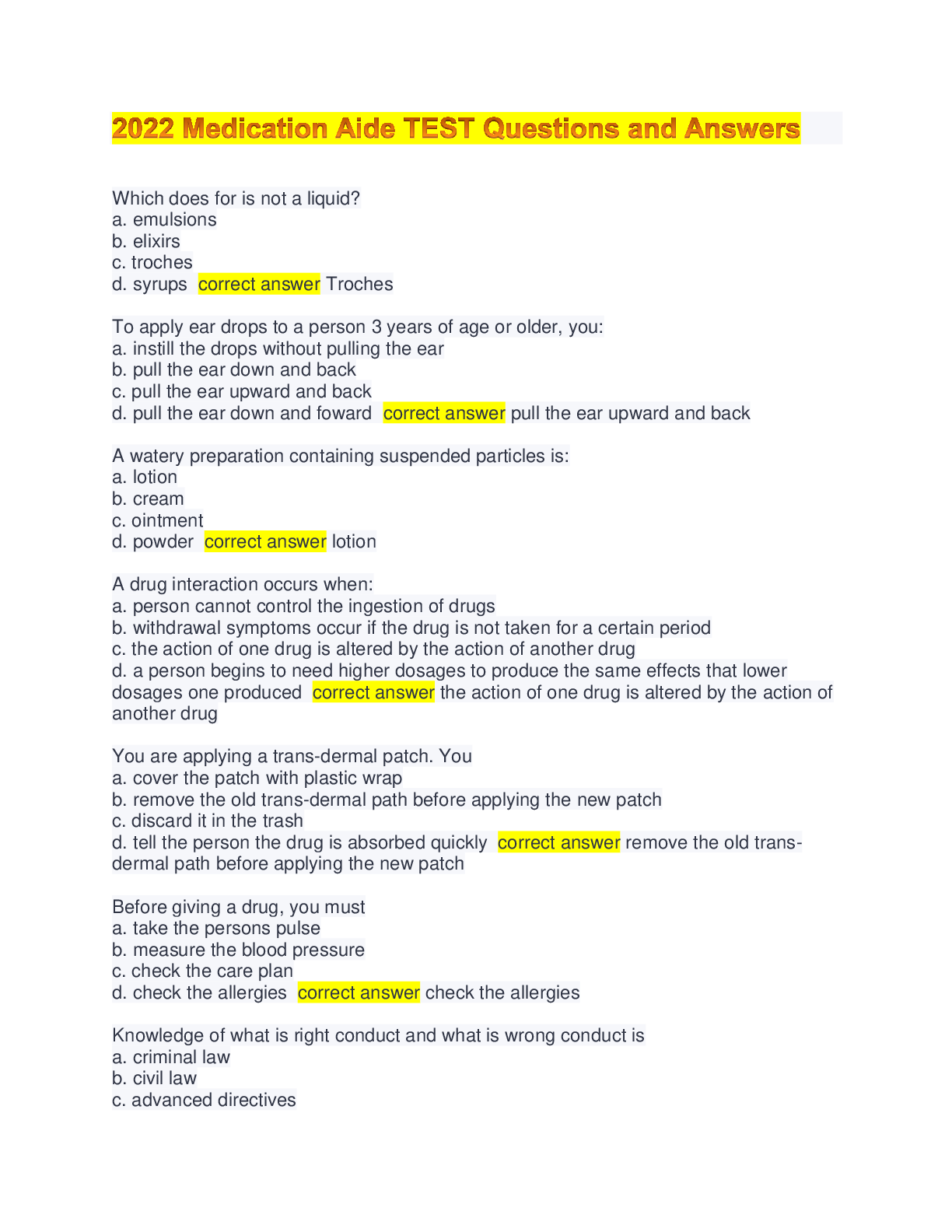 Medication Aide TEST Questions And Answers 2022/2023 - Scholarfriends