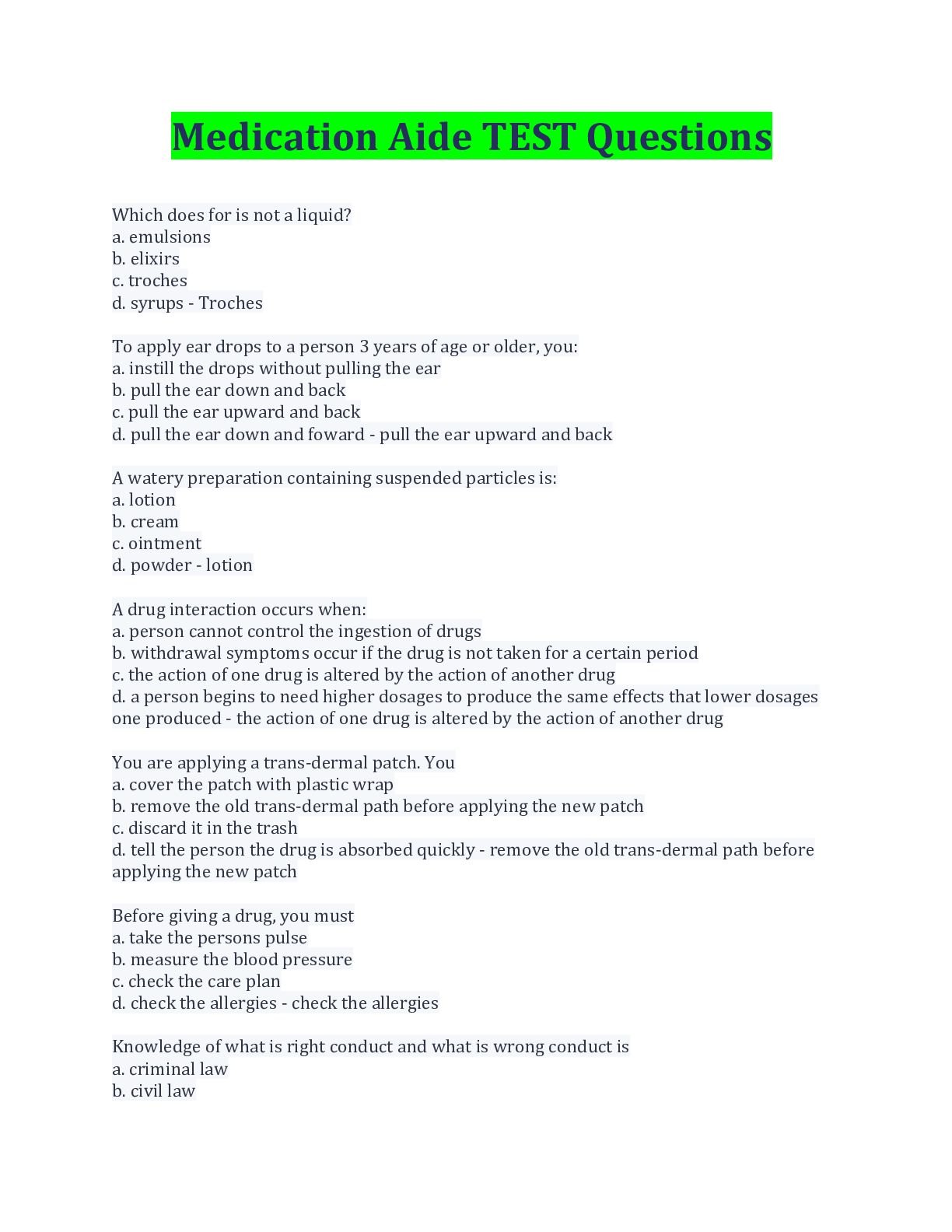 Medication Aide TEST Questions And Answers 2022/2023 - Scholarfriends