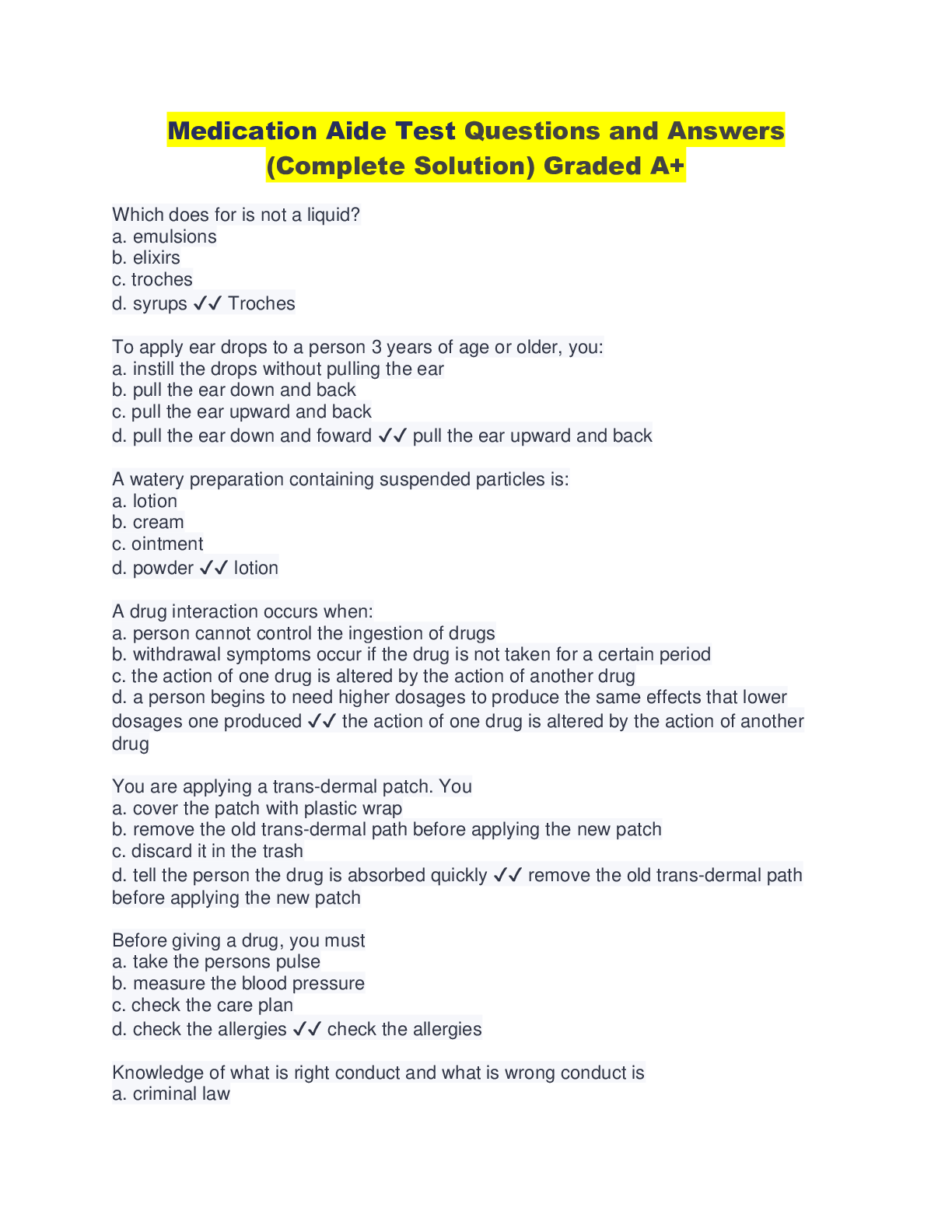 Medication Aide Test Questions and Answers (Complete Solution) Graded ...