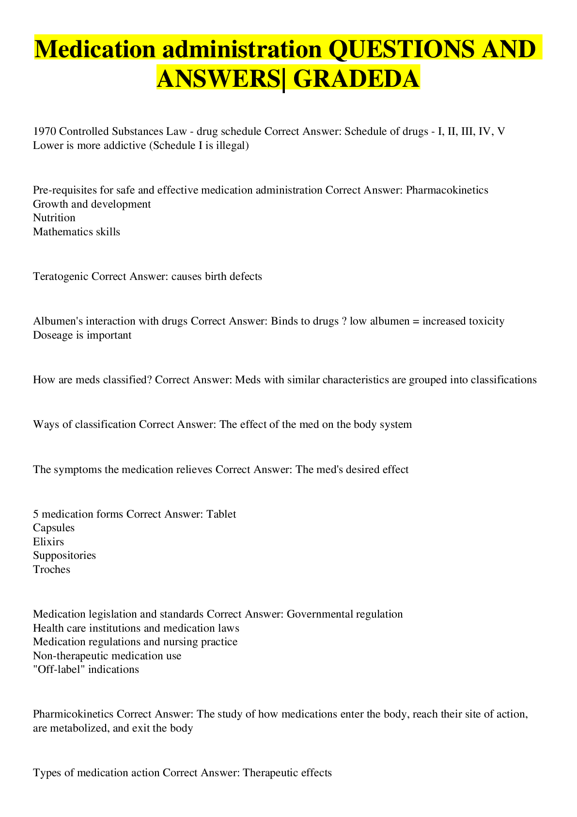 Medication administration QUESTIONS AND ANSWERS| GRADEDA - Scholarfriends