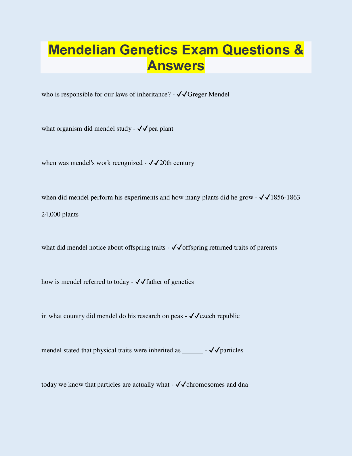 Mendelian Genetics Exam Questions & Answers - Scholarfriends