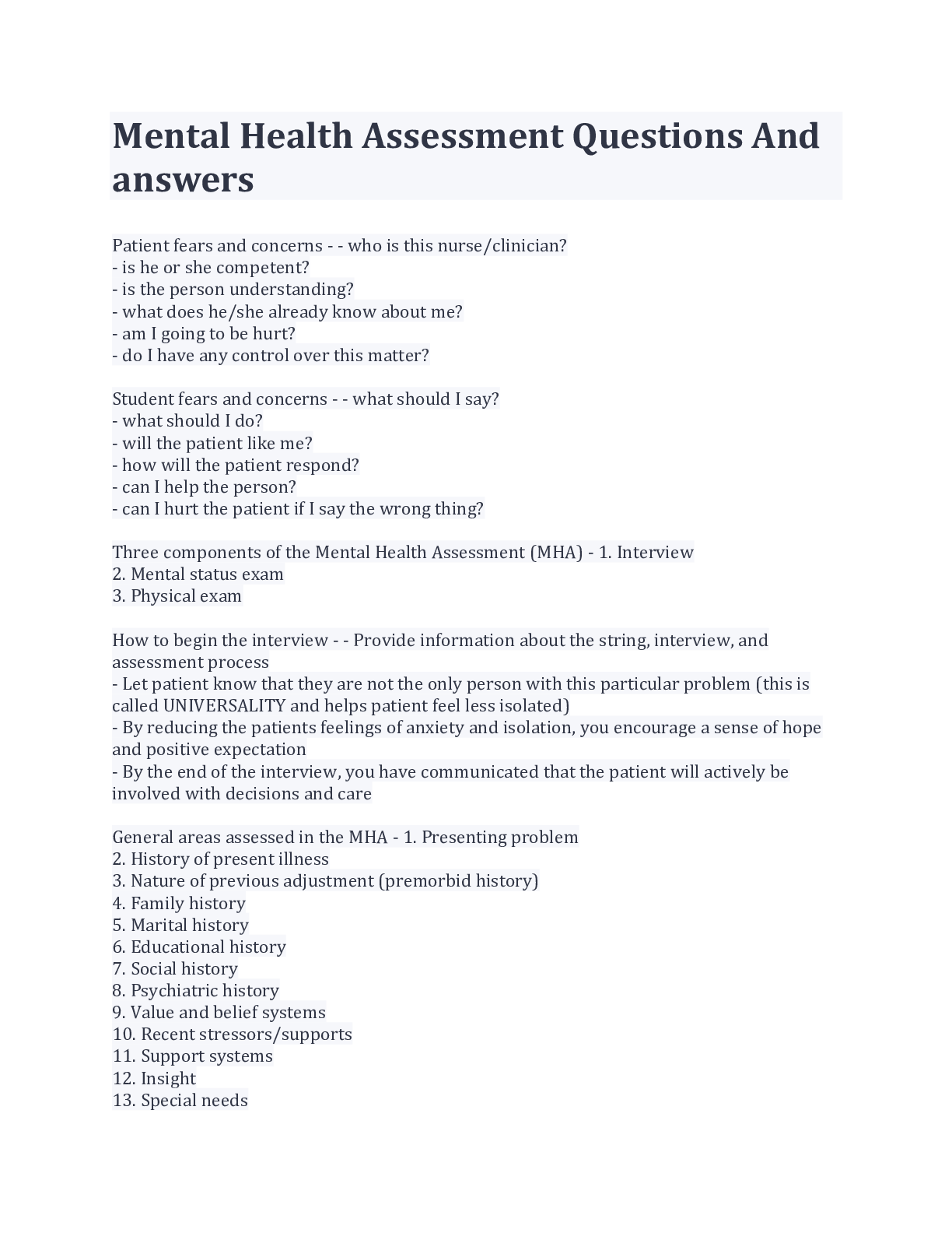 Mental Health Assessment Questions And answers - Scholarfriends