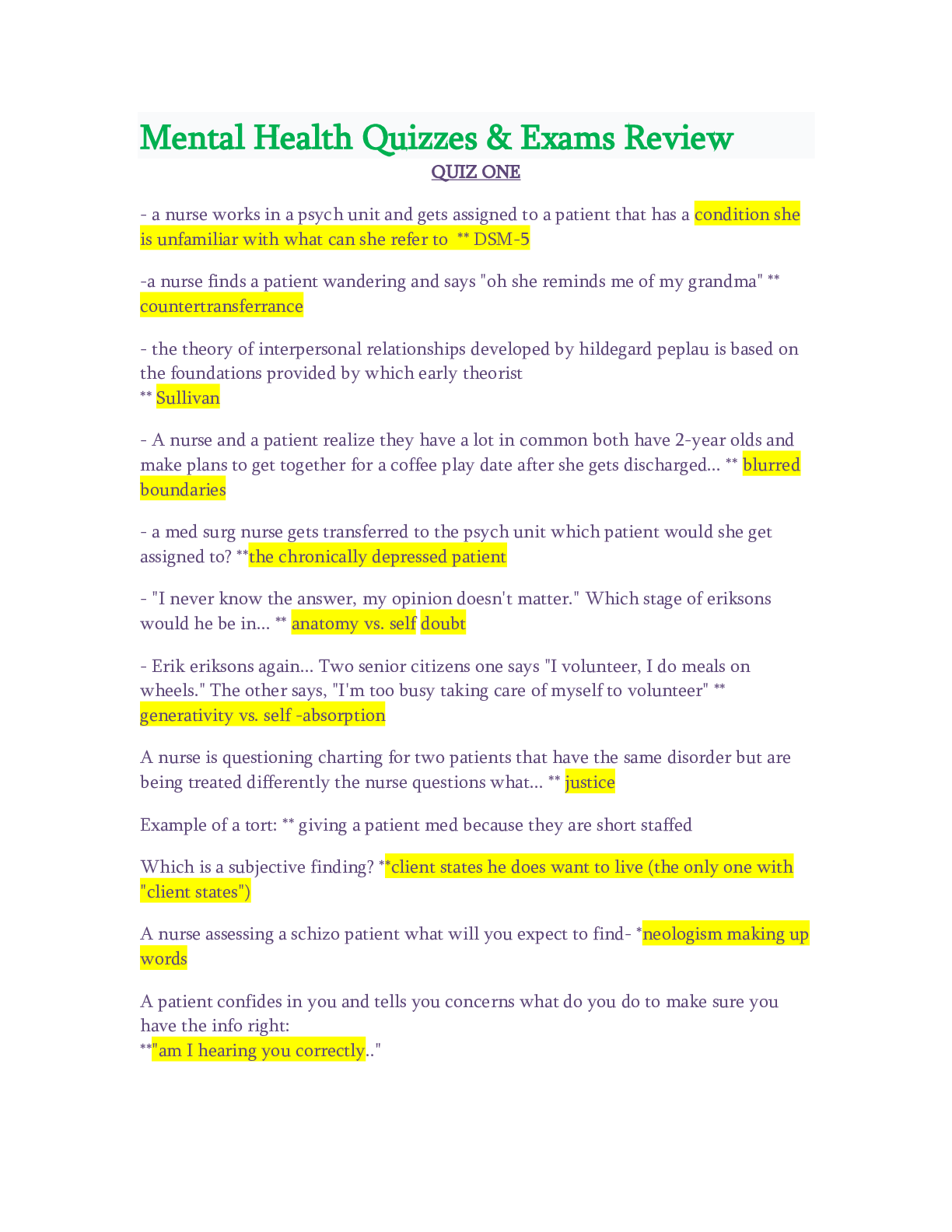 Mental Health Quizzes & Exams Review (All Tests ) West Coast University ...