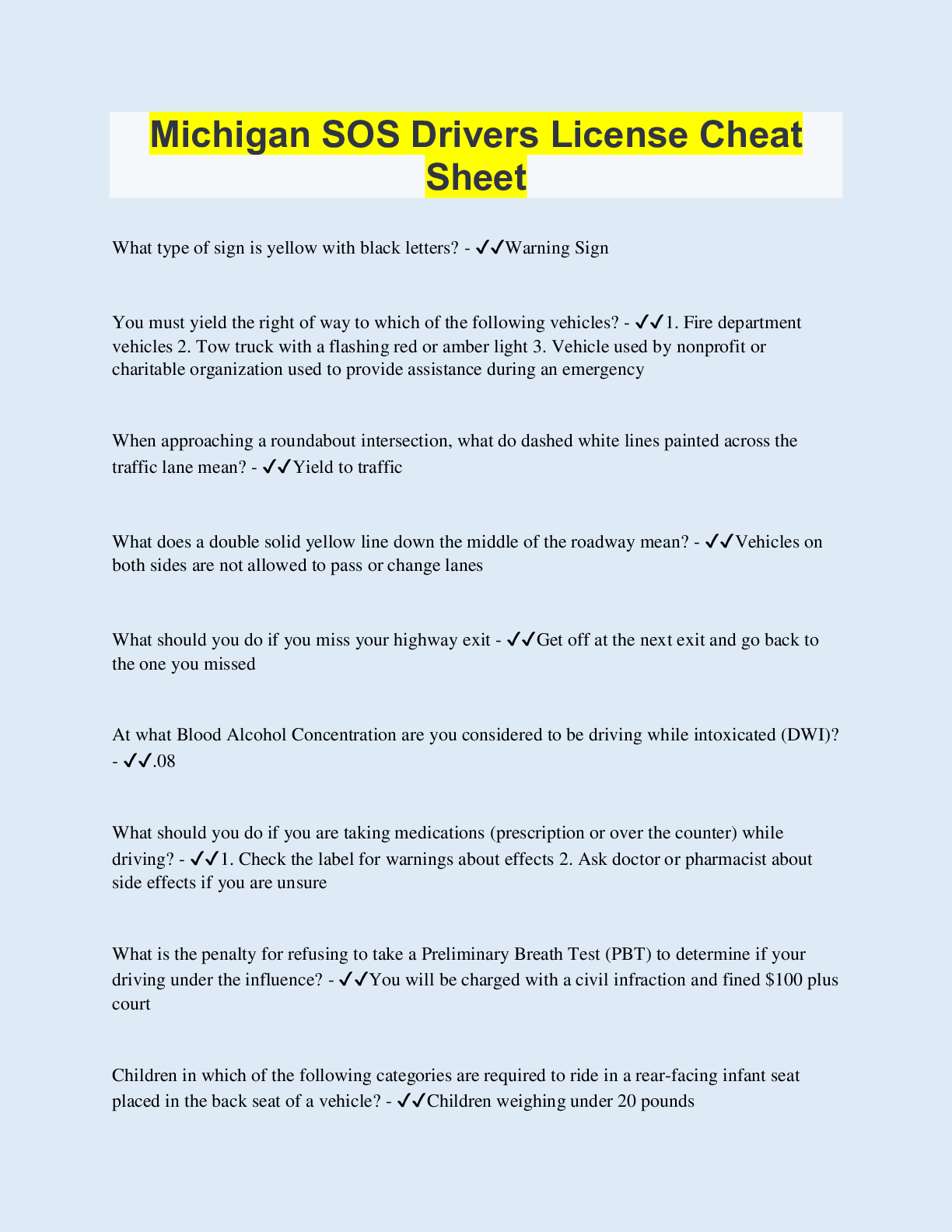 Michigan SOS Drivers License Cheat Sheet | 54 Questions with 100% ...