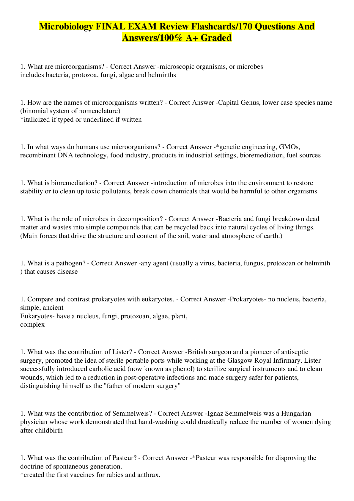 Microbiology FINAL EXAM Review Flashcards/170 Questions And Answers/100 ...