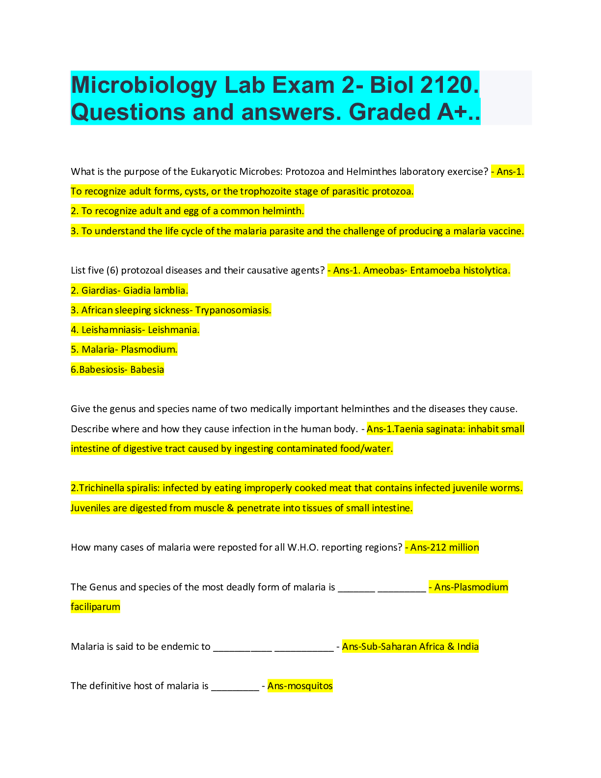 Microbiology Lab Exam 2- Biol 2120. Questions and answers. Graded A+ ...