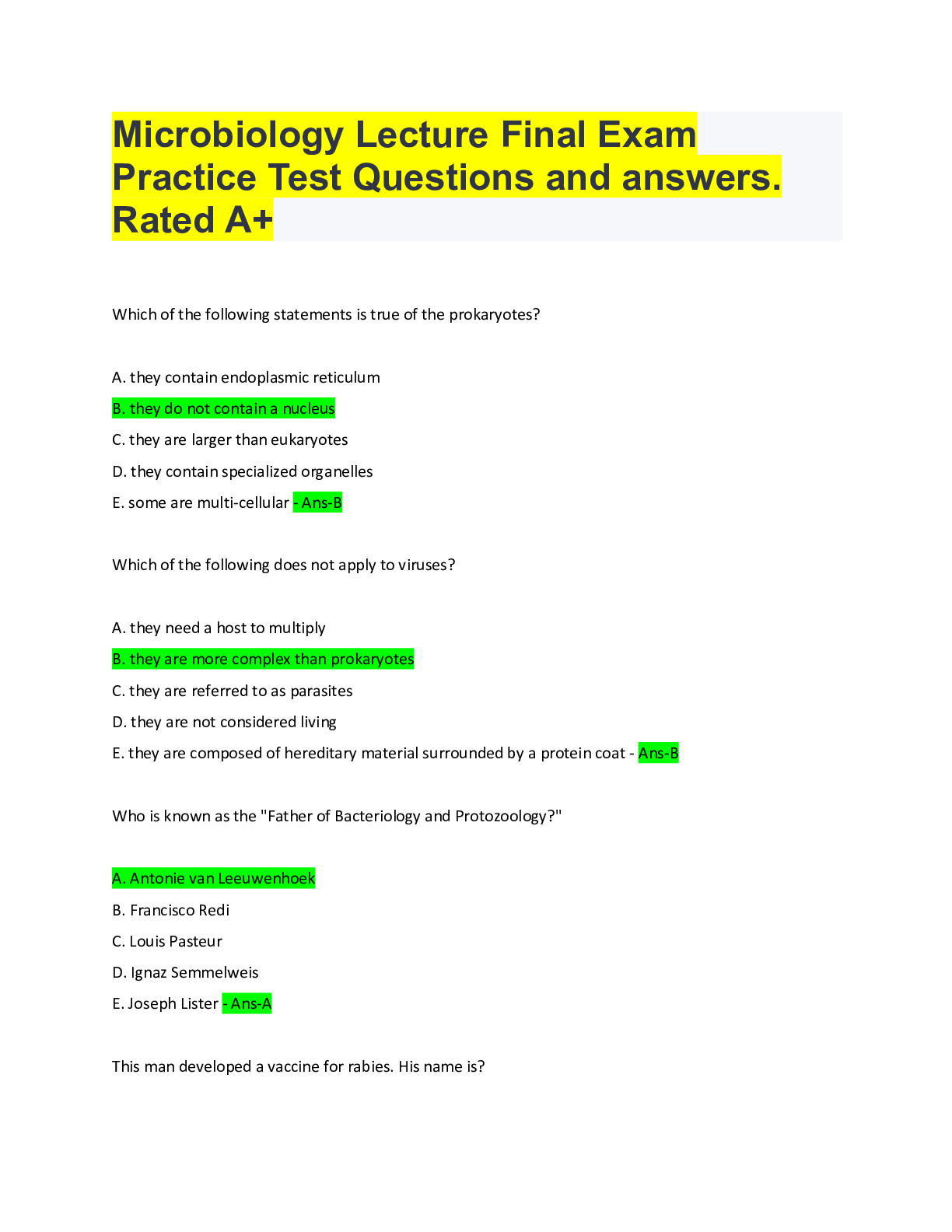 Microbiology Lecture Final Exam Practice Test Questions and answers ...