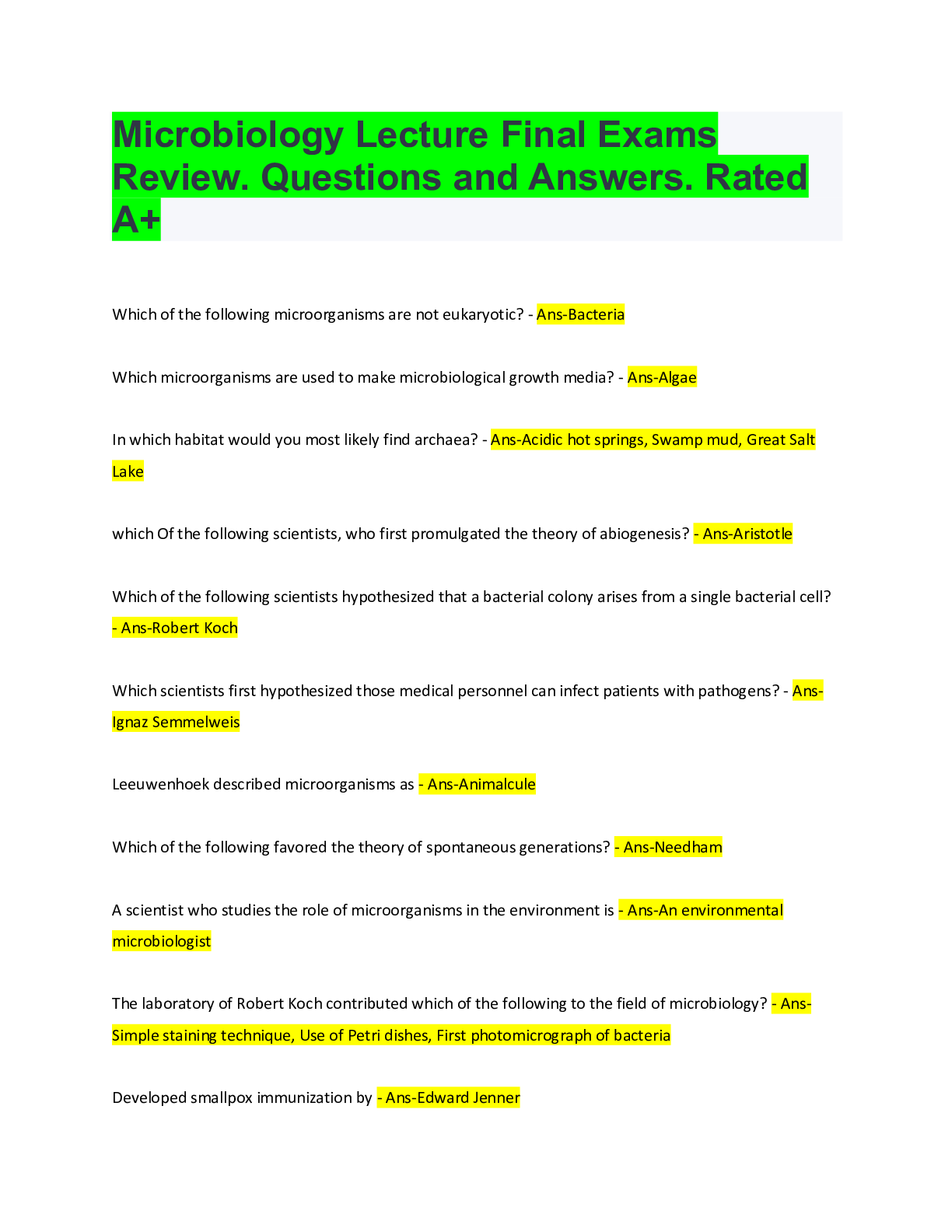 Microbiology Lecture Final Exams Review. Questions and Answers. Rated ...