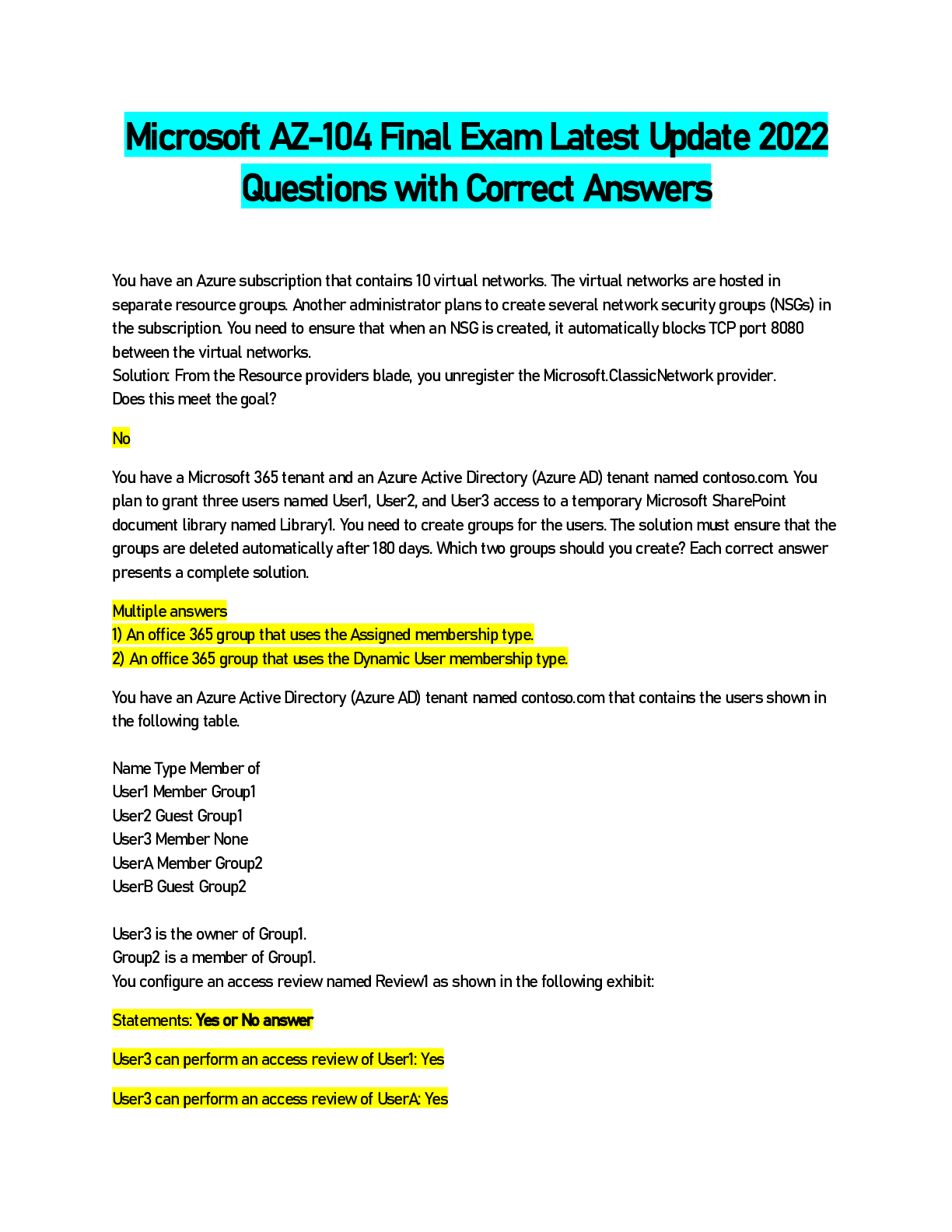 Microsoft AZ-104 Final Exam Latest Update 2022 Questions with Correct ...