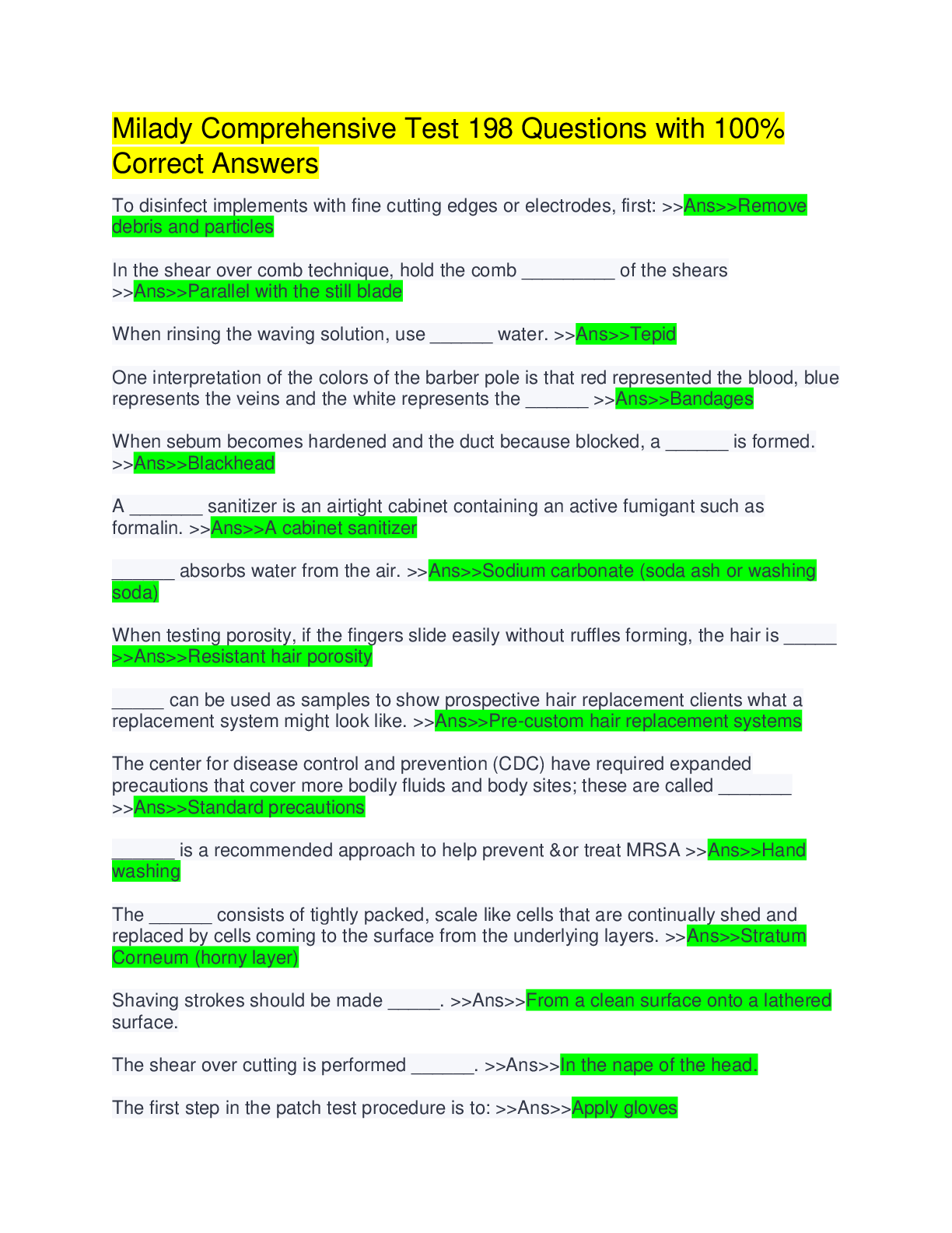 Milady Comprehensive Test 198 Questions with 100% Correct Answers ...
