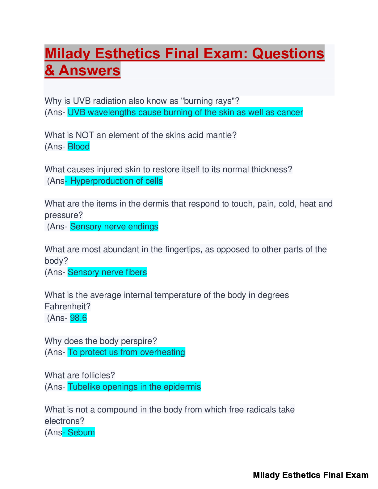 Milady Esthetics Final Exam: Questions & Answers: Updated A+ Score ...