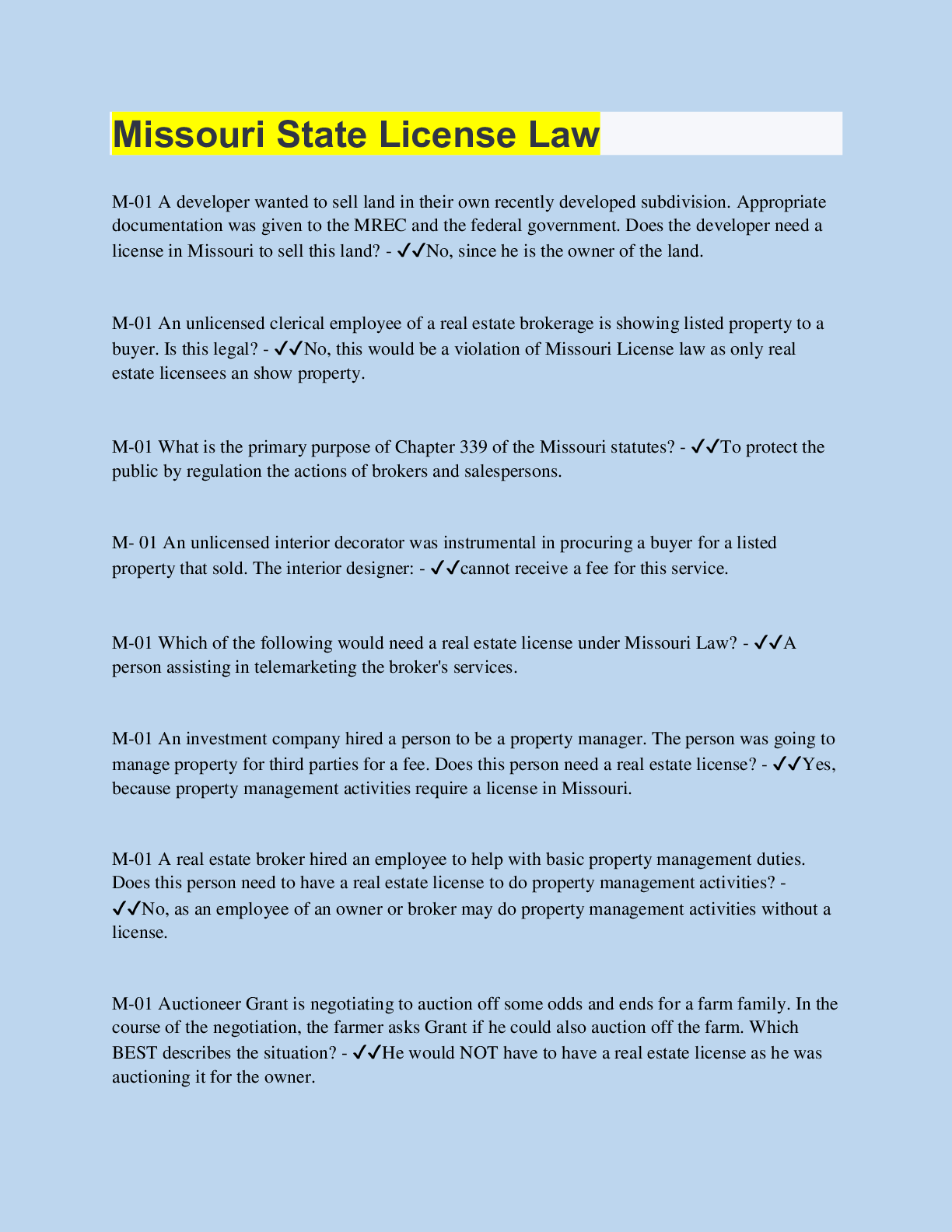 Missouri State License Law | 125 Questions with 100% Correct Answers ...