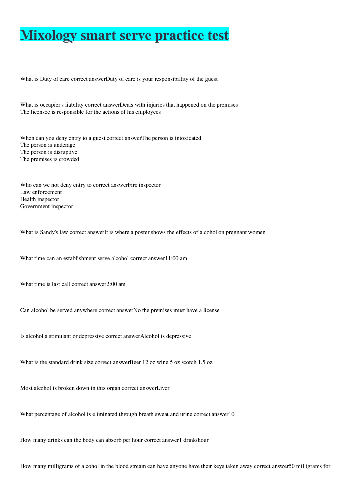 Mixology smart serve practice test 2022/2023 - Scholarfriends