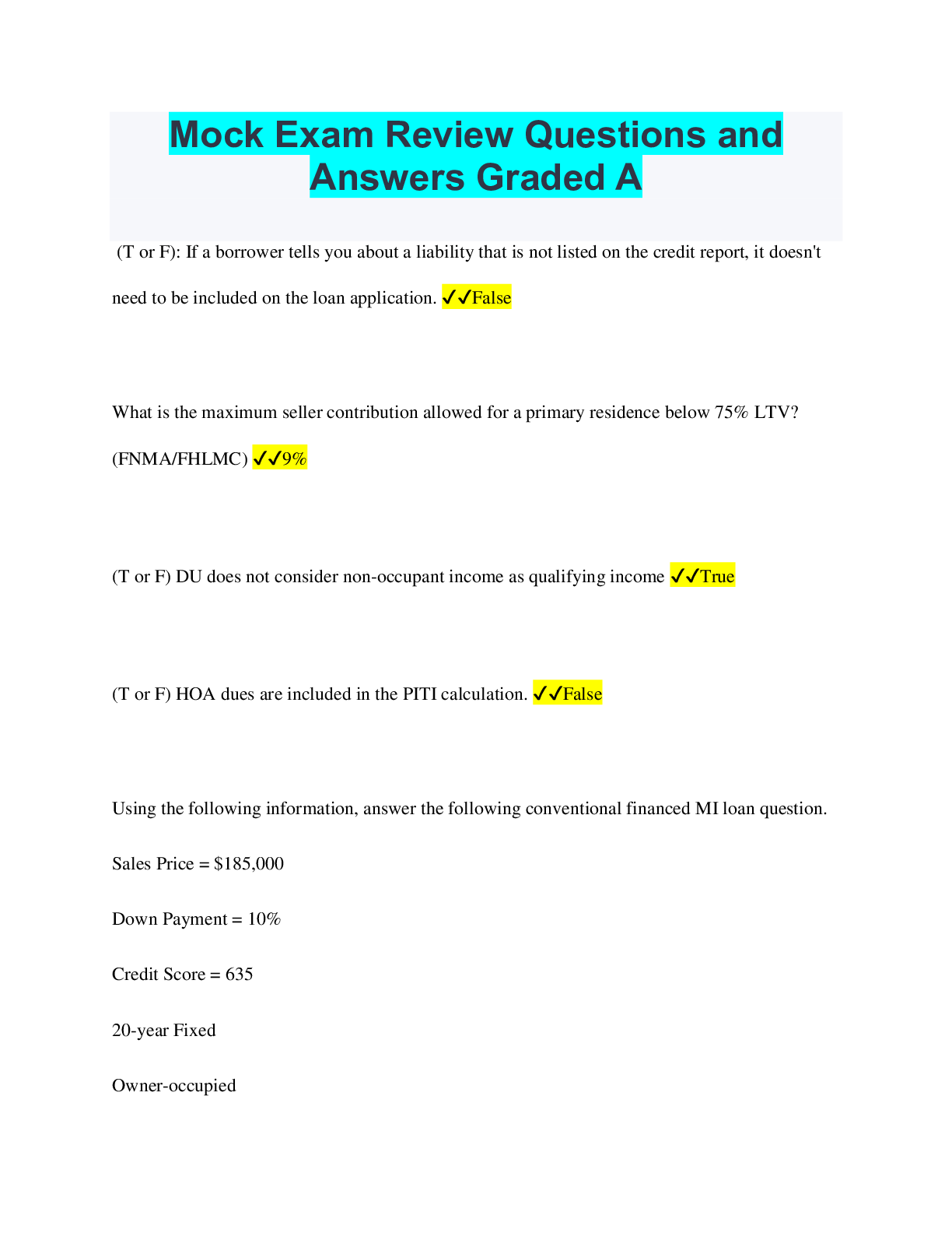 Mock Exam Review Questions and Answers Graded A - Scholarfriends