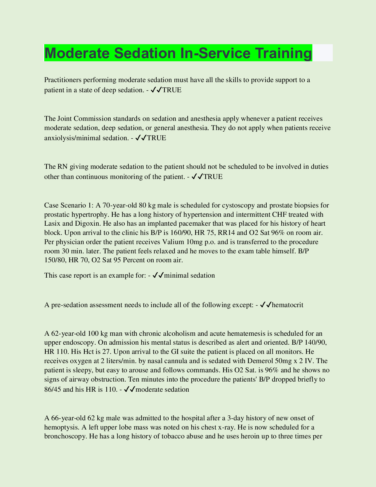 Moderate Sedation In-Service Training | Questions with 100% Correct ...