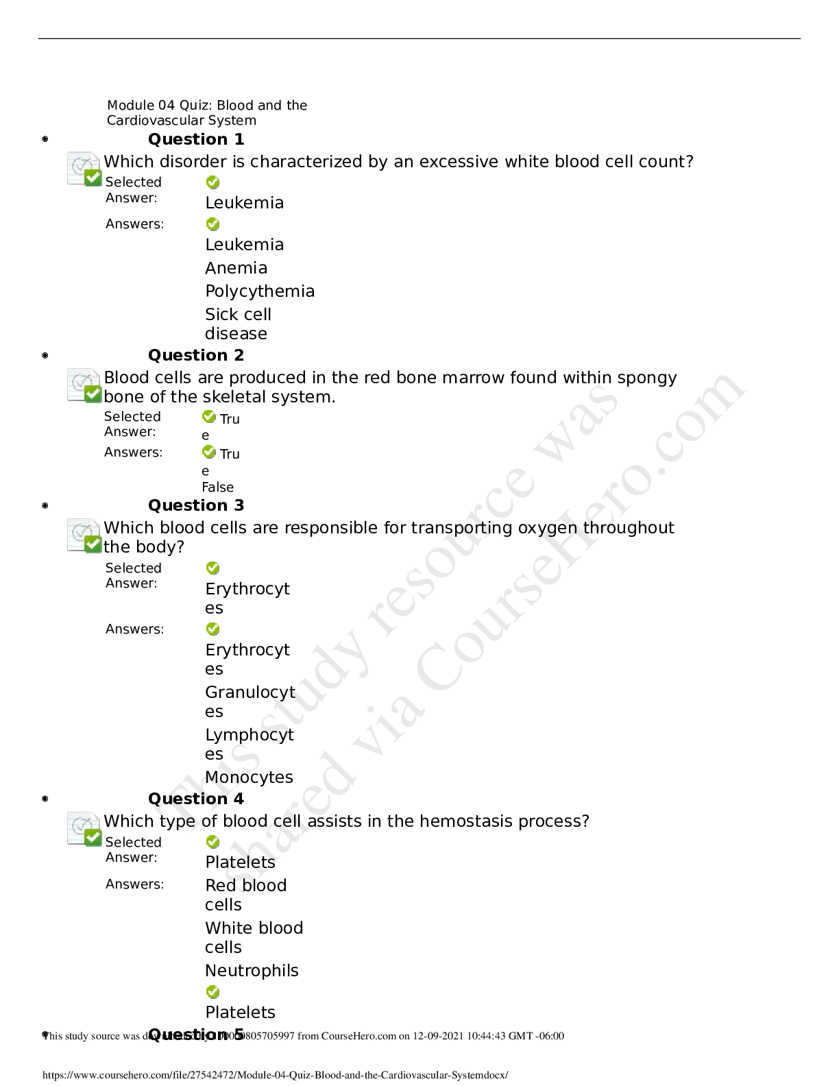 Module 04 Quiz Blood and the Cardiovascular System - Scholarfriends