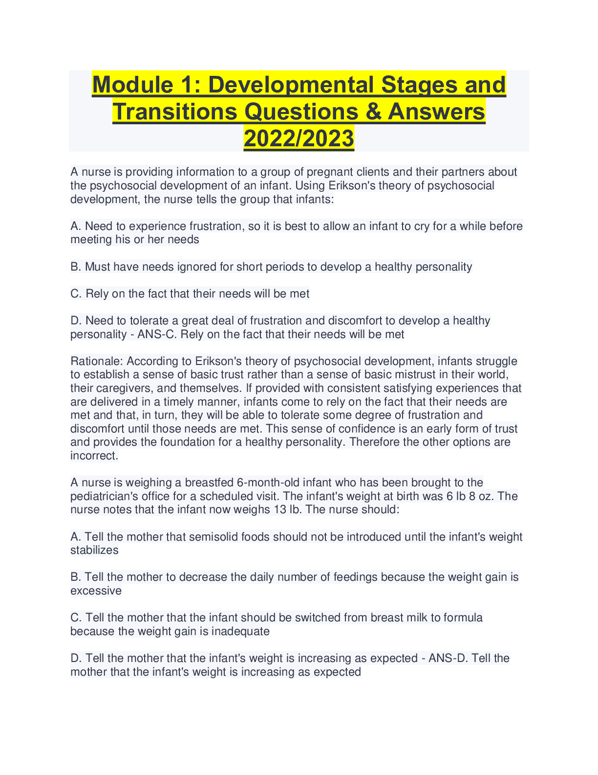 Module 1: Developmental Stages and Transitions Questions & Answers 2022 ...