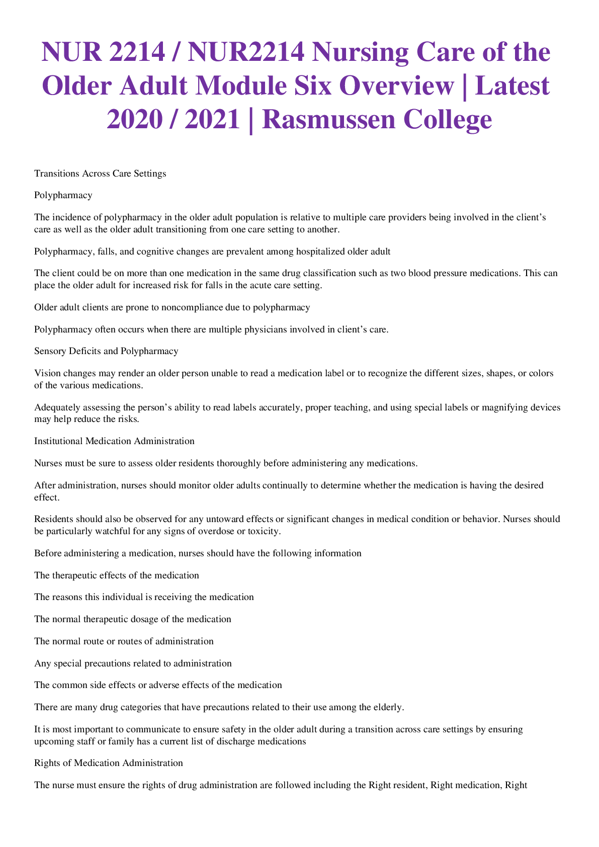 NUR 2214 / NUR2214 Nursing Care of the Older Adult Module Six Overview ...