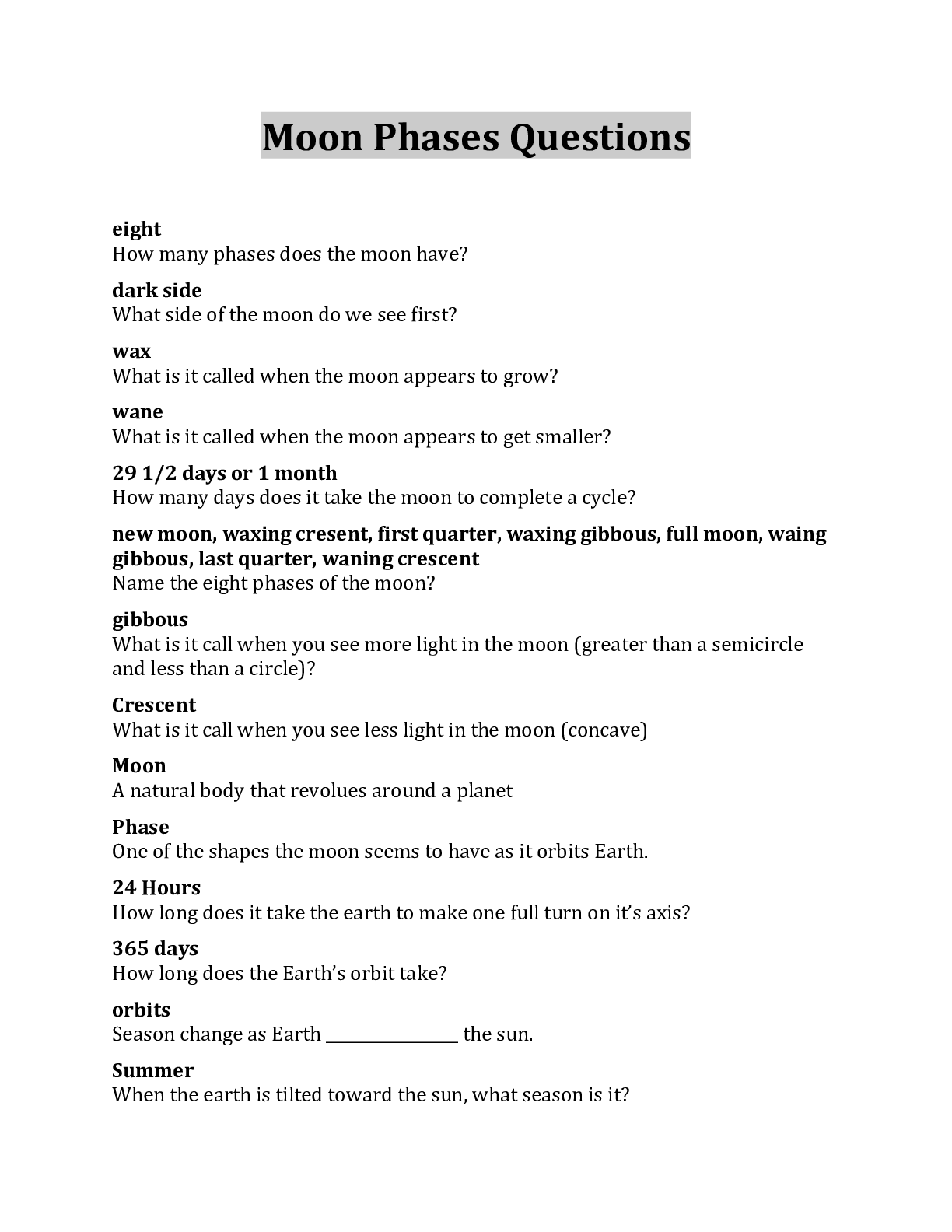 Moon Phases Questions And Answers - Scholarfriends