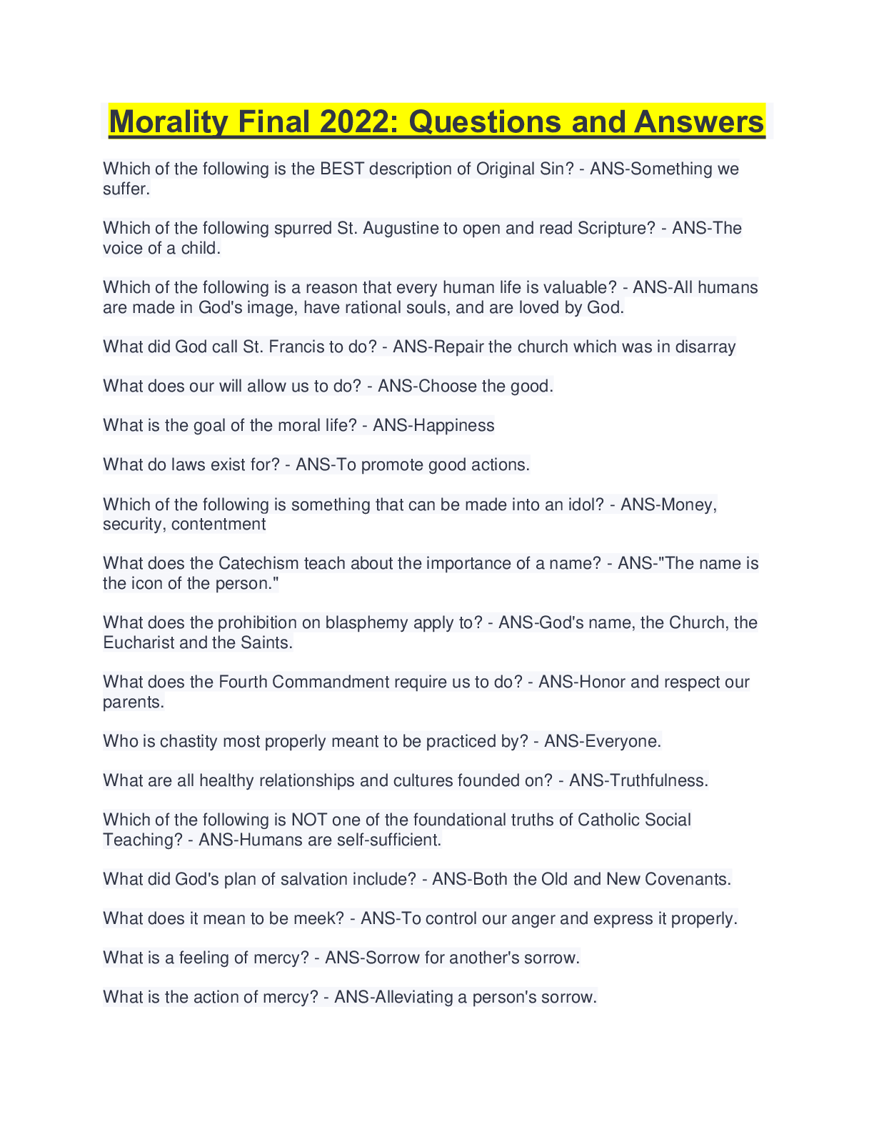 Morality Final 2022: Questions and Answers - Scholarfriends