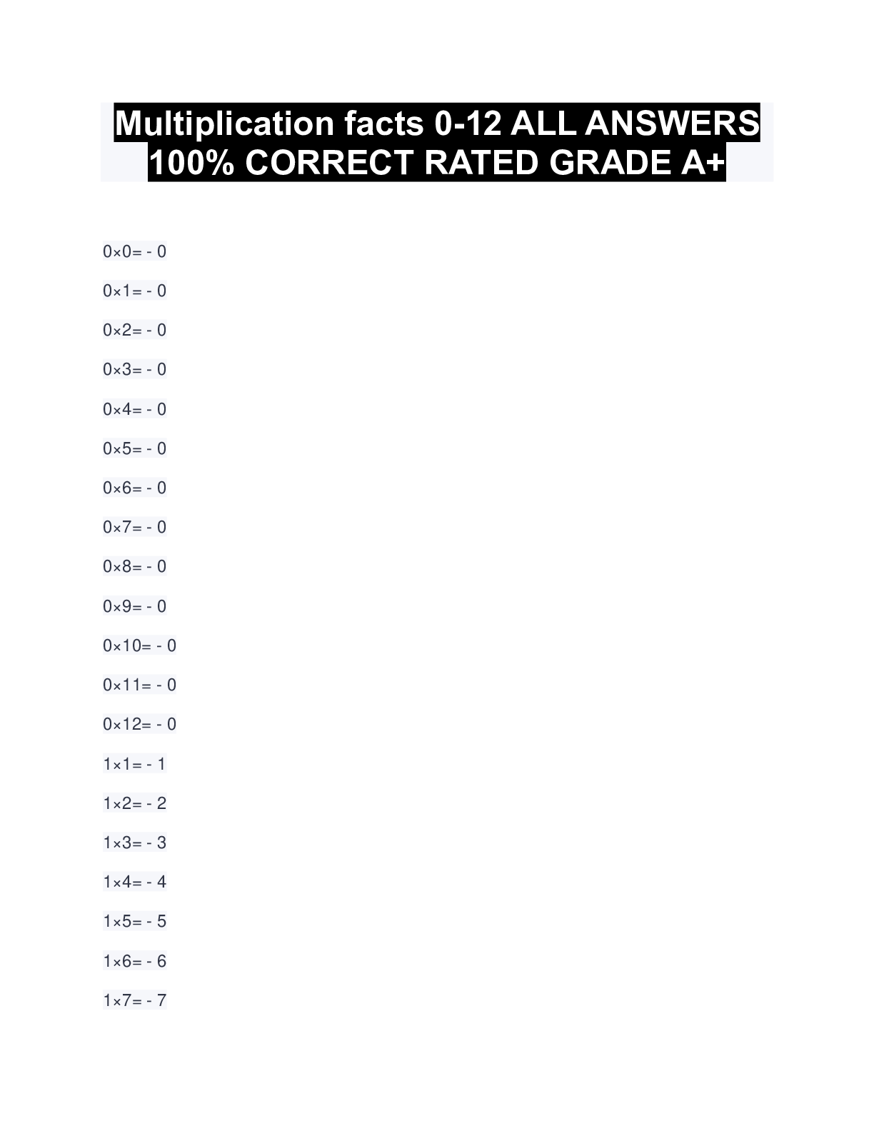 Multiplication facts 0-12 ALL ANSWERS 100% CORRECT RATED GRADE A+ ...