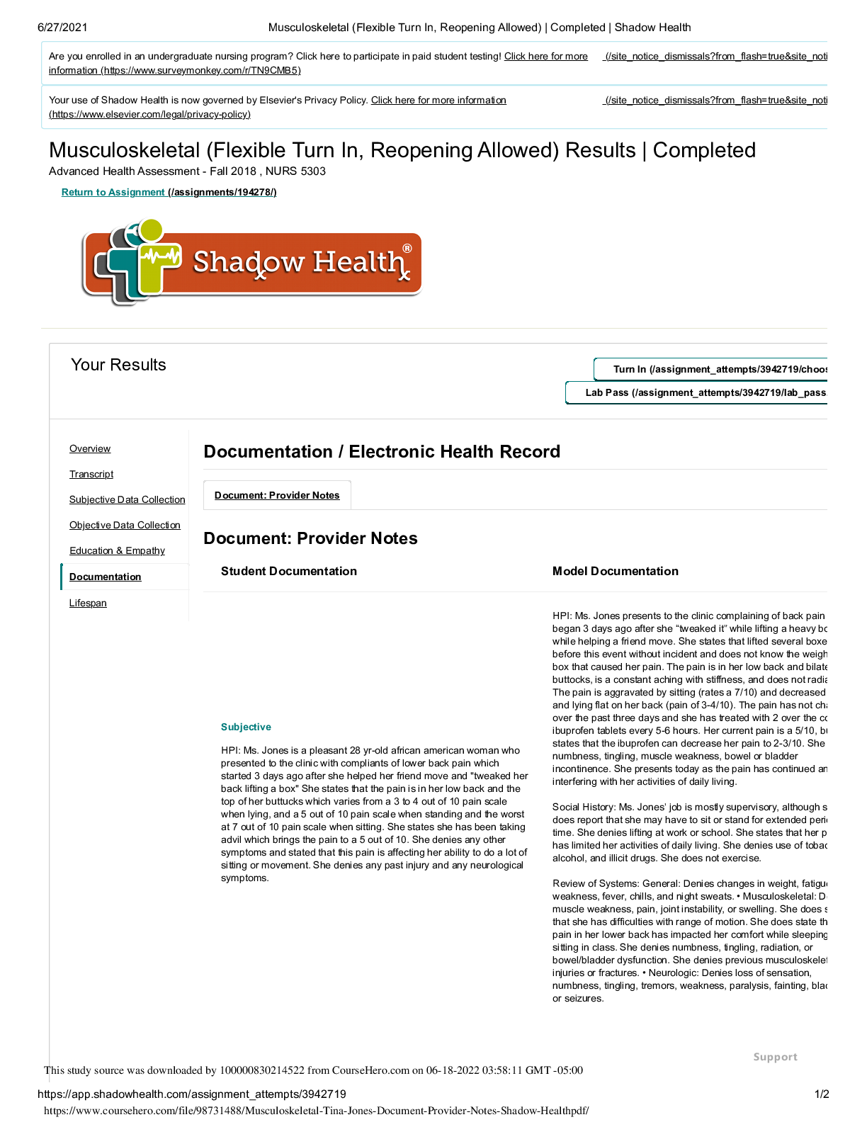 Musculoskeletal Tina Jones Document Provider Notes Shadow Health ...