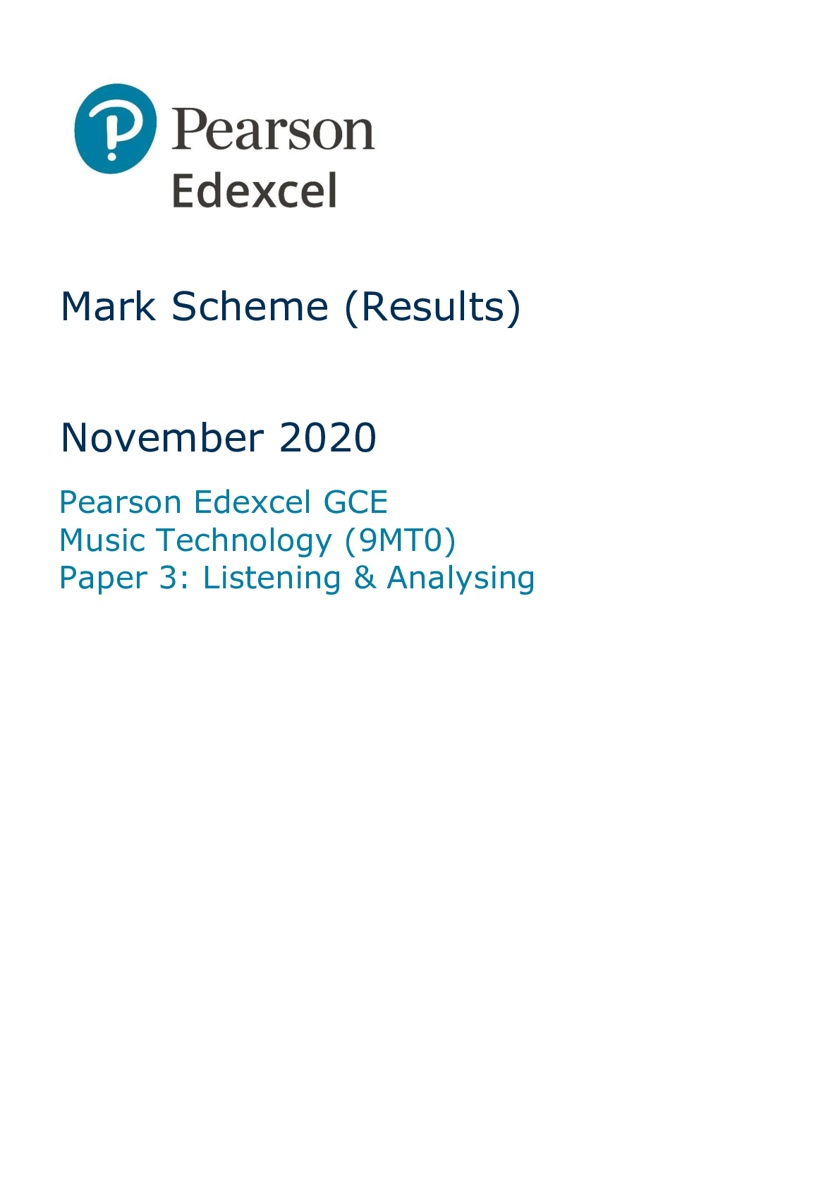 Pearson Edexcel_Music Technology_9MT0/03 Mark Scheme_2020 | Paper 3 ...