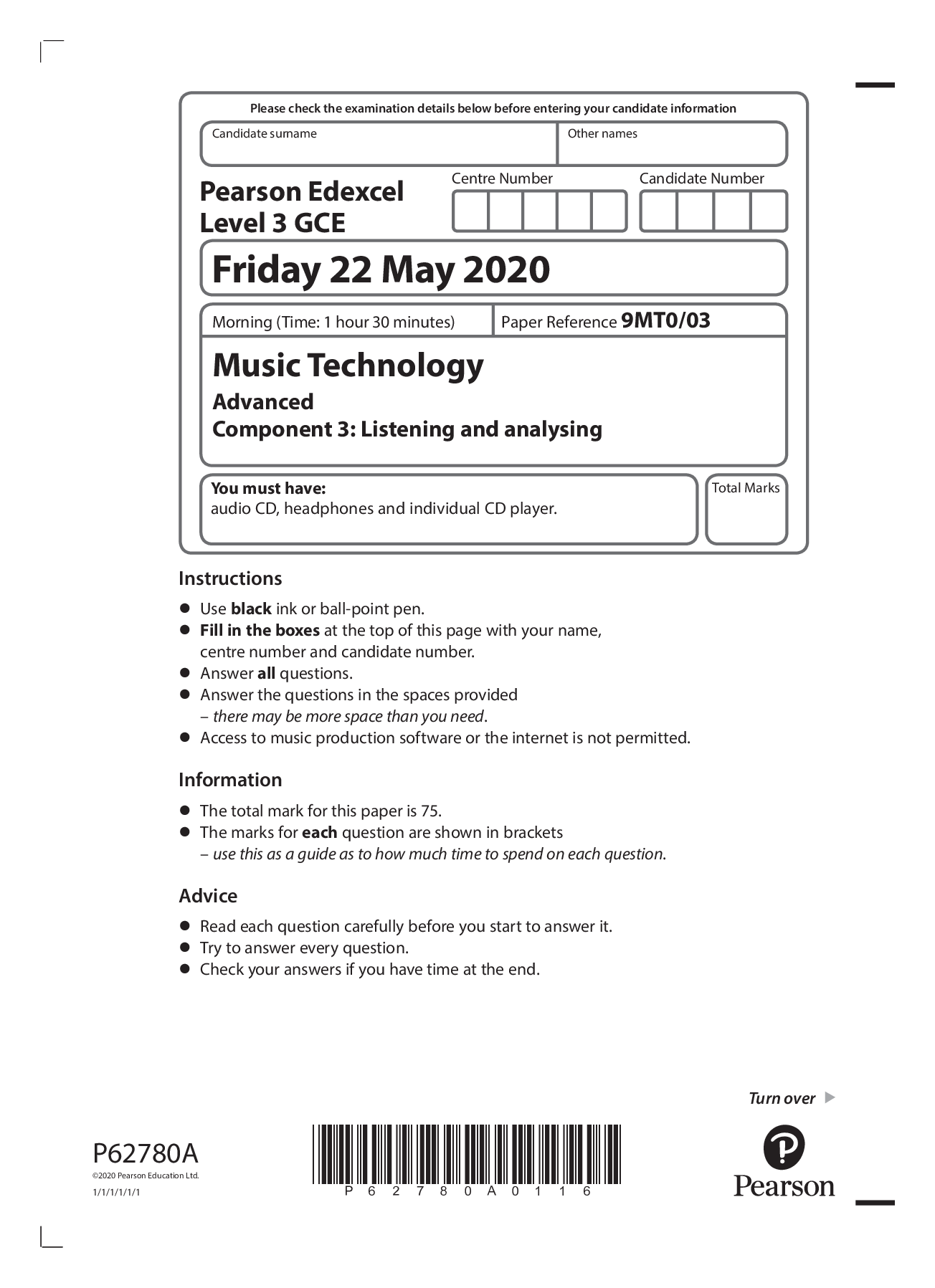 Pearson Edexcel_Music Technology_9MT0/03 Question Paper & Mark Scheme ...