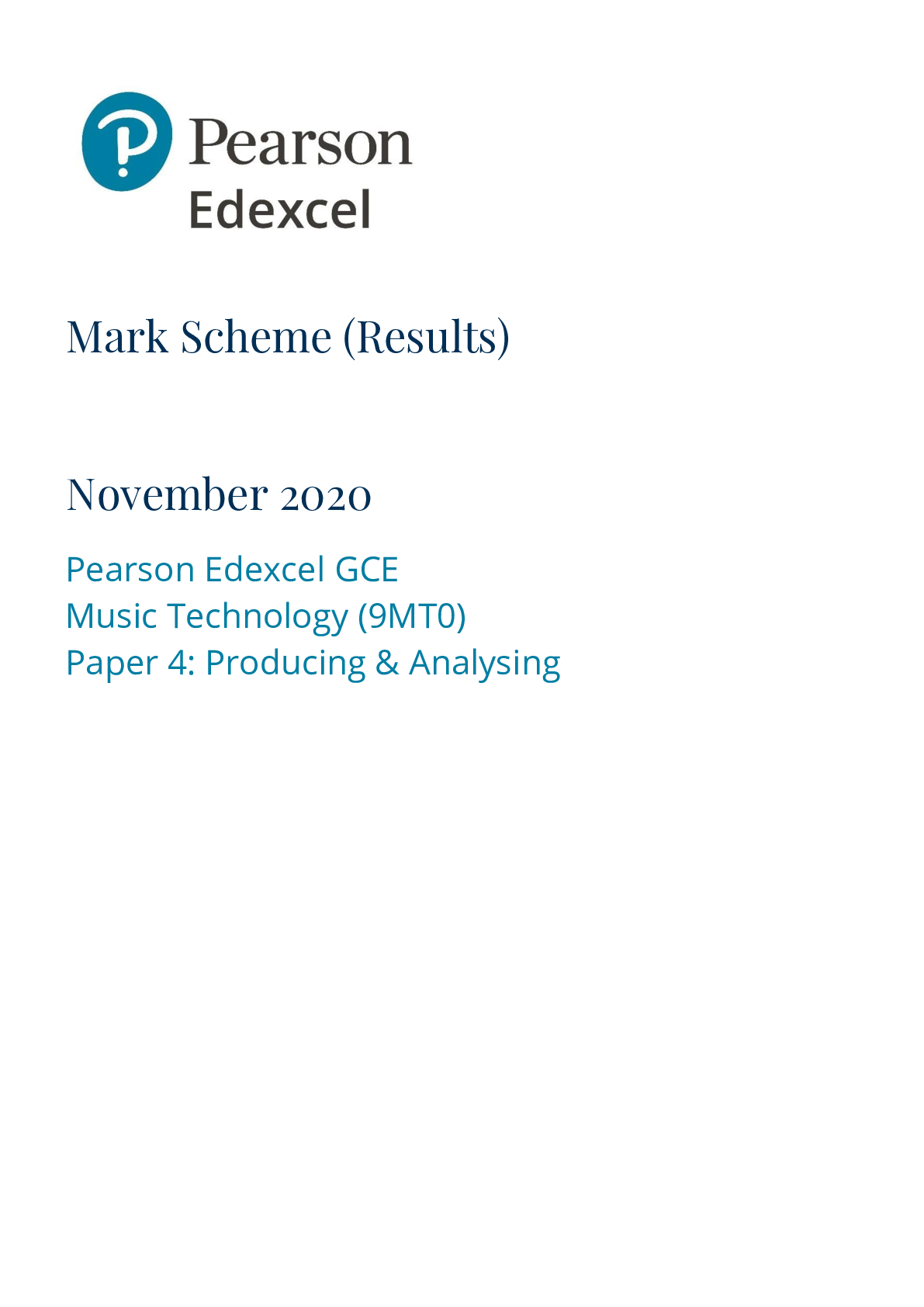 Pearson Edexcel GCE_Music Technology_9MT0/04 Mark Scheme_2020 | Paper 4 ...