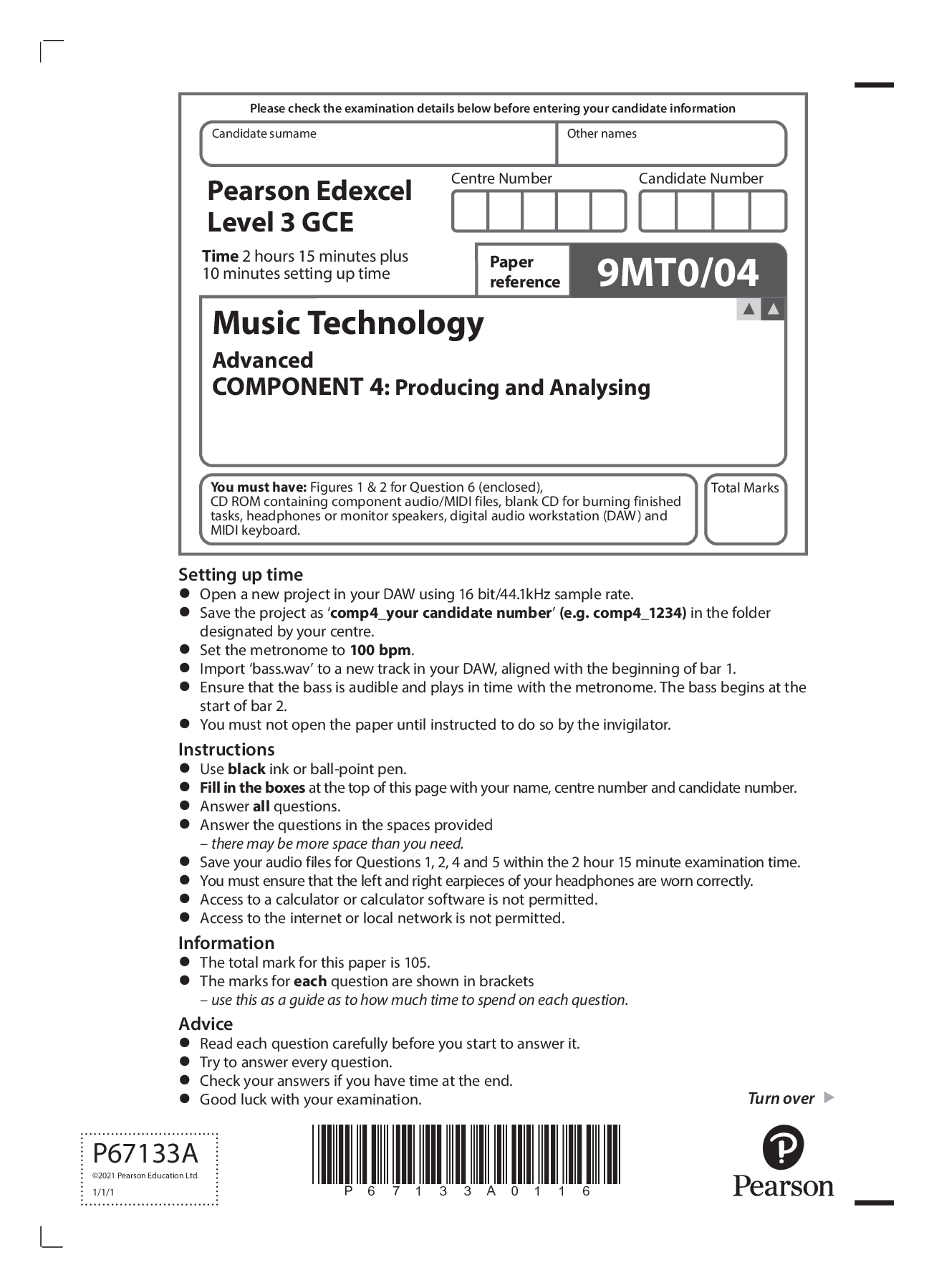 Pearson Edexcel_Music Technology_9MT0/04 Question Paper_2021 ...