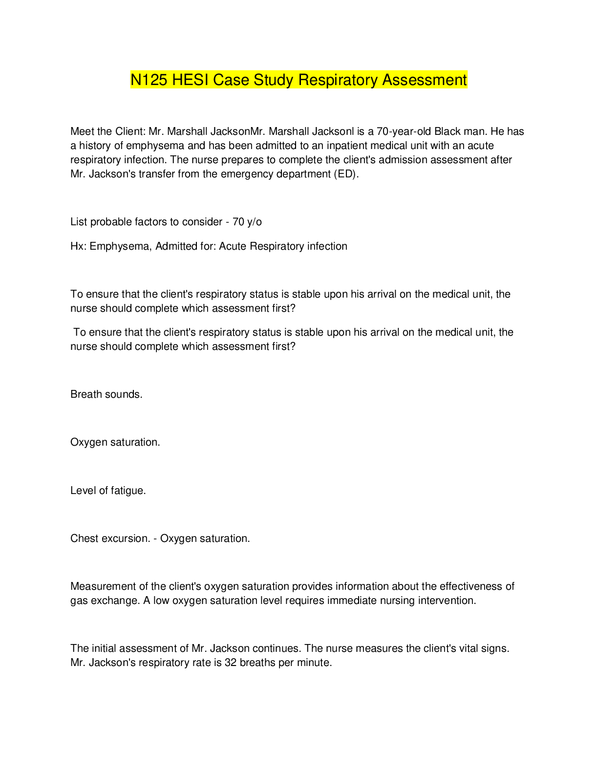 N125 HESI Case Study Respiratory Assessment - Scholarfriends