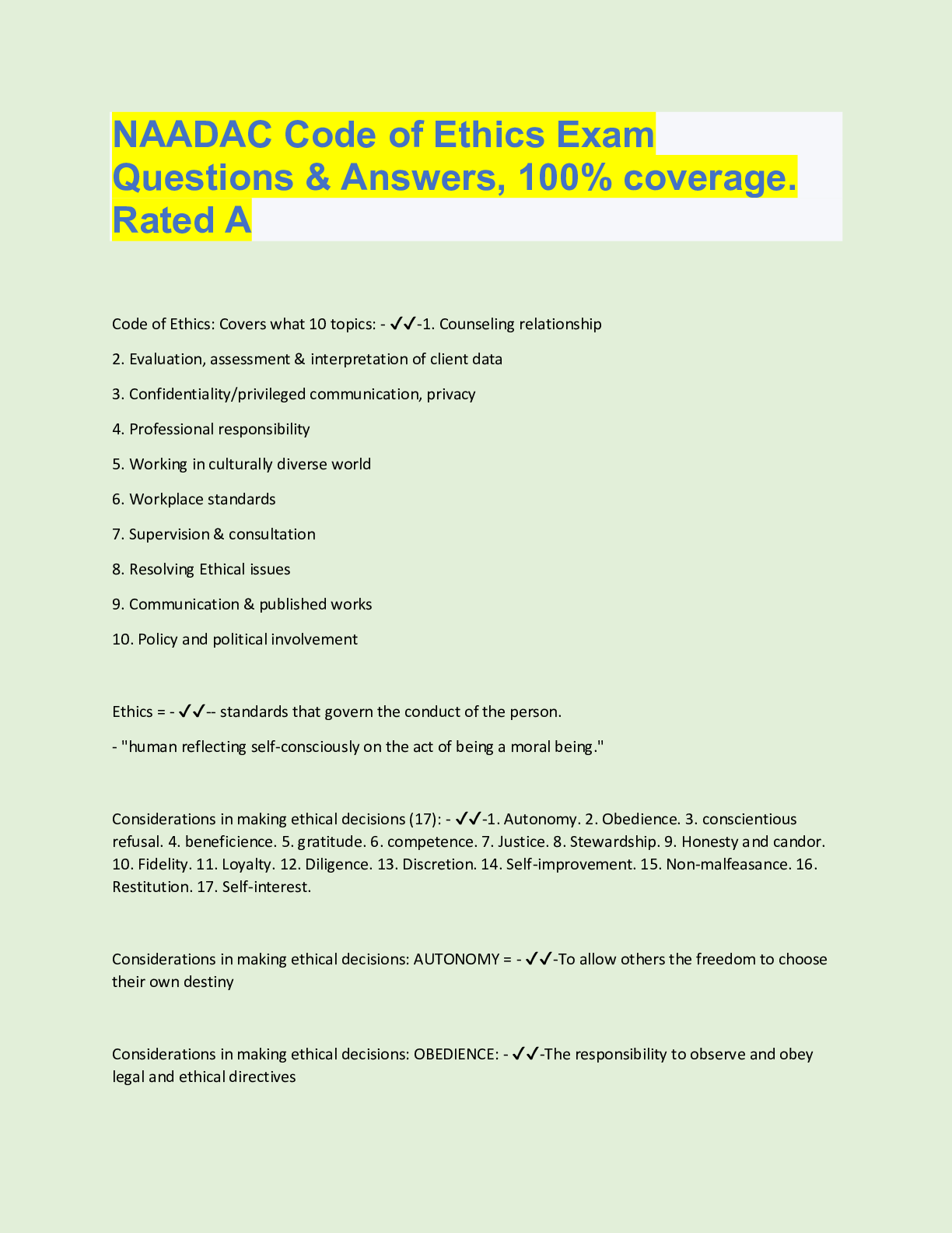 NAADAC Code of Ethics Exam Questions & Answers, 100% coverage. Rated A ...