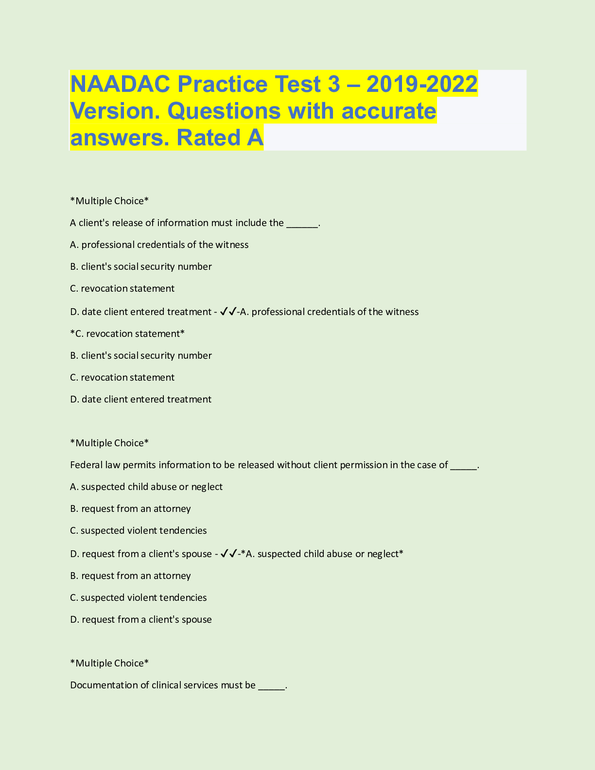 NAADAC Practice Test 3 - 2016 Version/30 Questions And answers/Updated ...