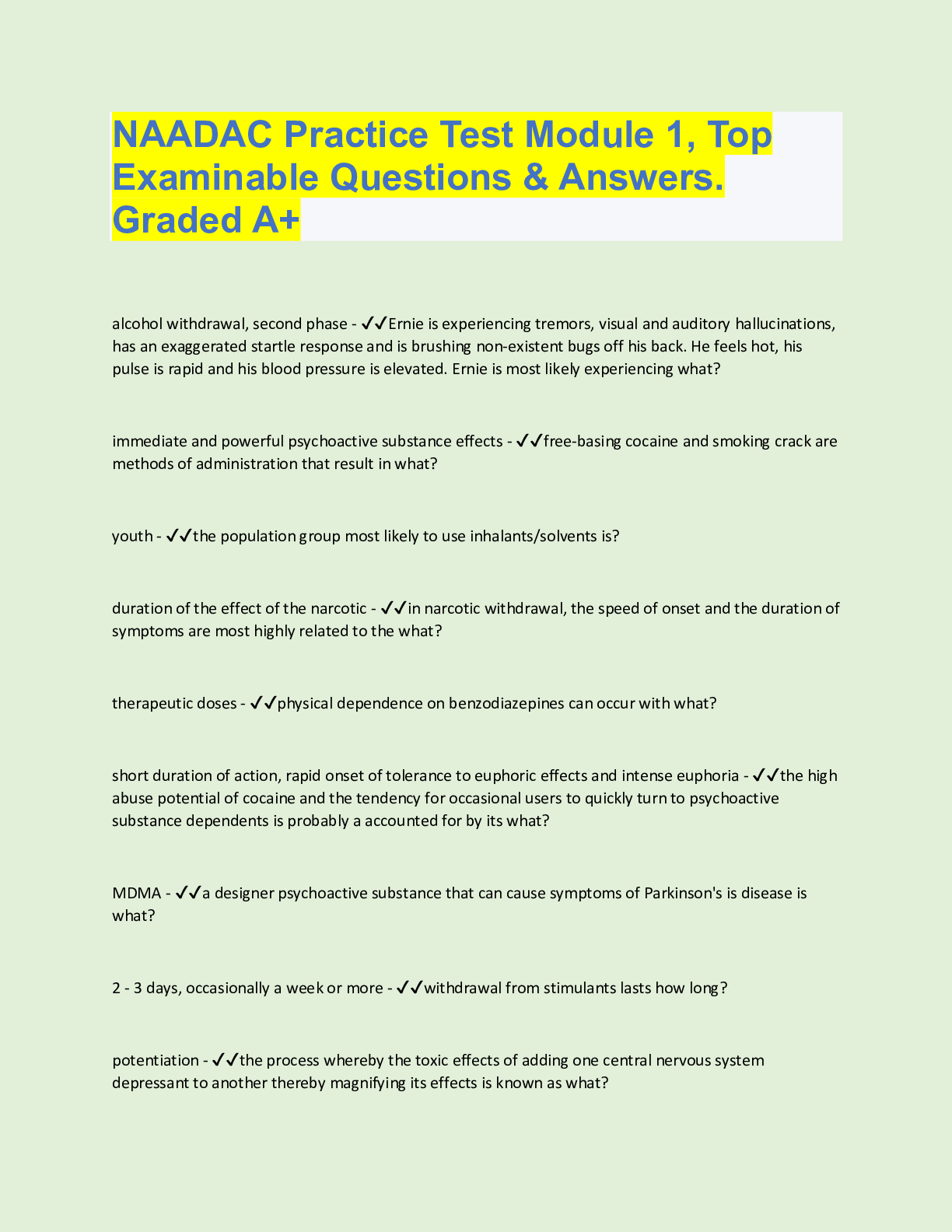NAADAC Practice Test Module 1, Top Examinable Questions & Answers ...