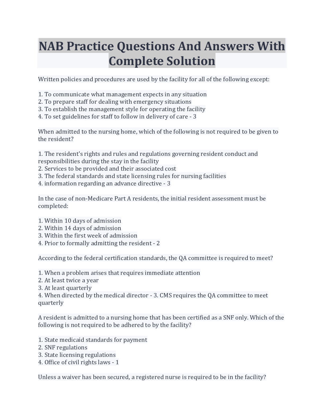 NAB Practice Questions And Answers With Complete Solution - Scholarfriends