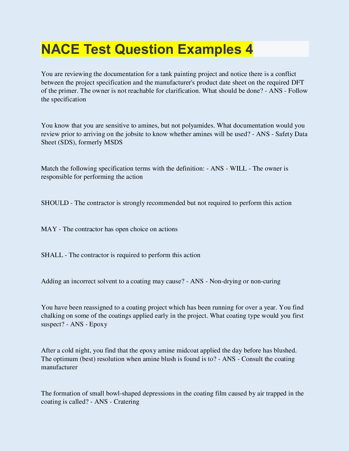 NACE Test Question Examples 4 | with 100% Correct Answers | Updated ...