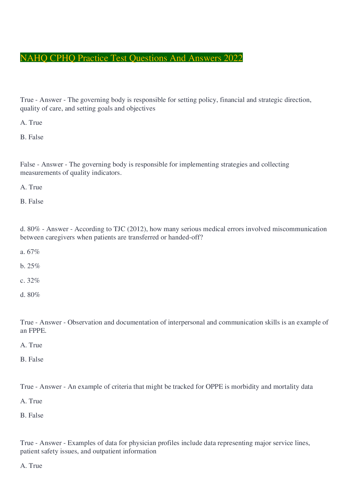 NAHQ CPHQ Practice Test Questions And Answers 2022 - Scholarfriends