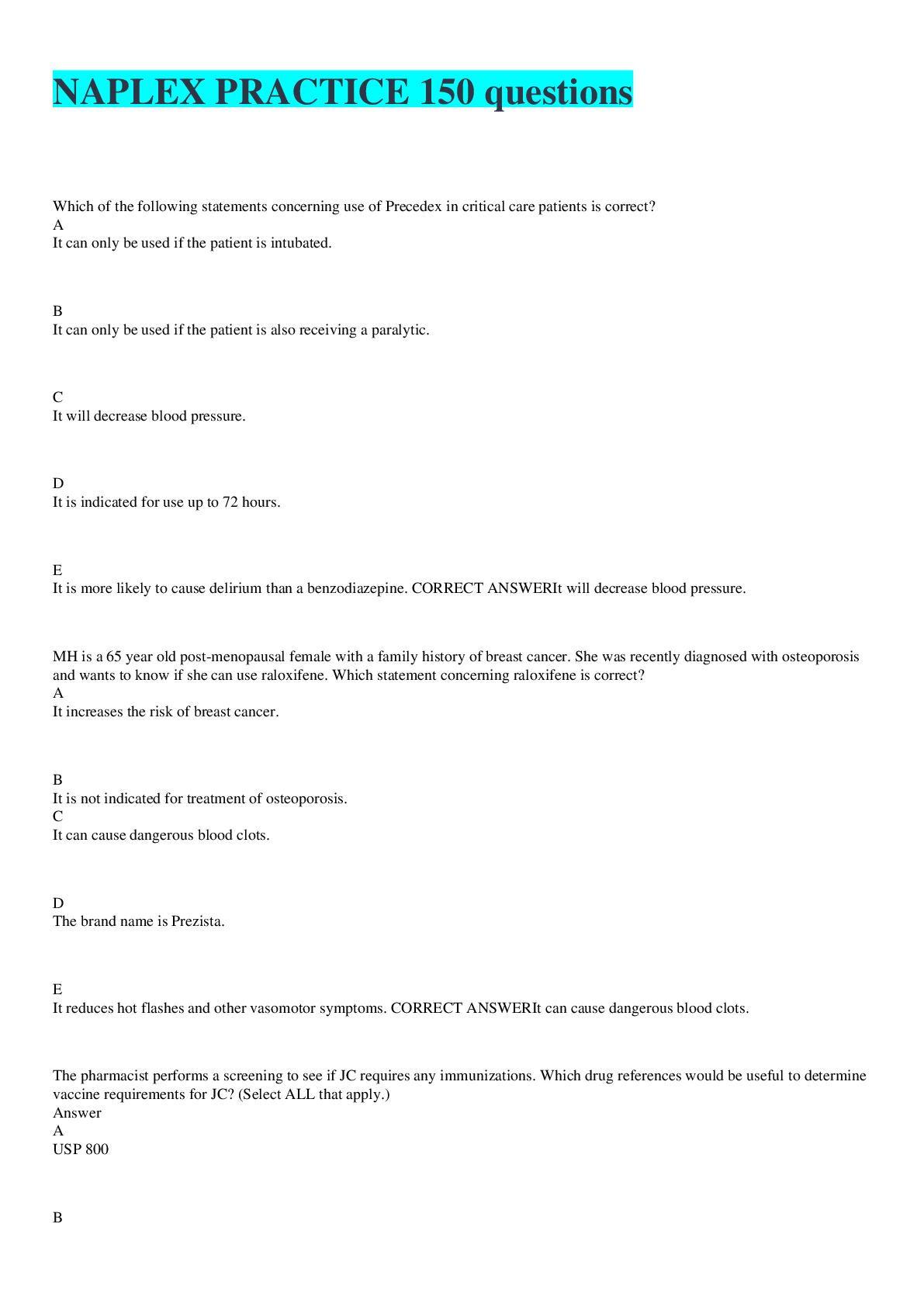 NAPLEX PRACTICE 150 questionsand answers 100% correct 2022/2023 ...