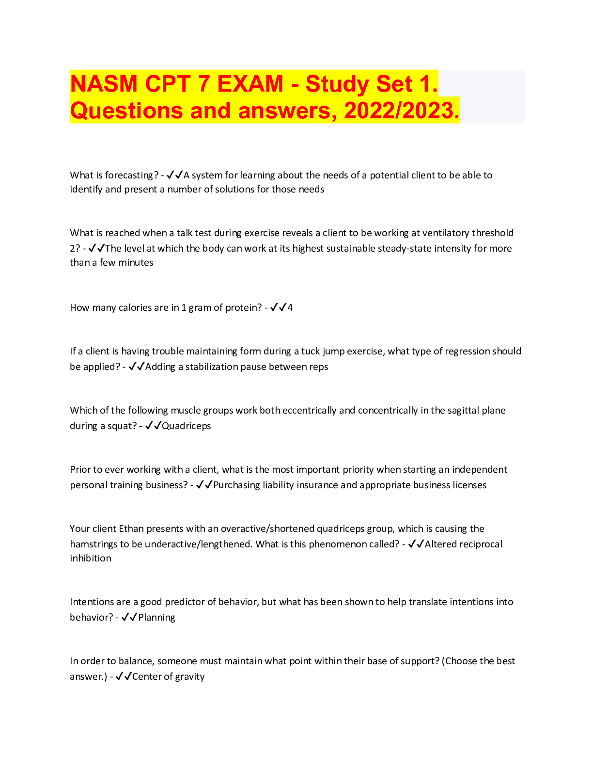 NASM CPT 7 EXAM - Study Set 1. Questions and answers, 2022/2023 ...