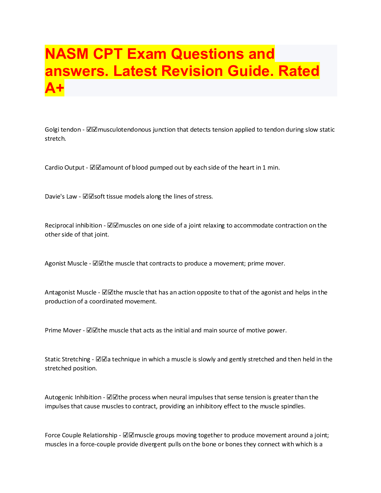 NASM CPT Exam Questions and answers. Latest Revision Guide. Rated A+ ...