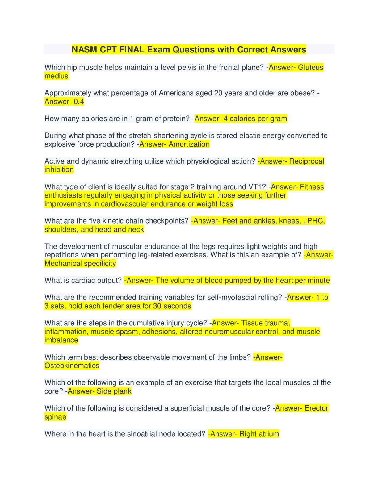 NASM CPT FINAL Exam Questions with Correct Answers - Scholarfriends