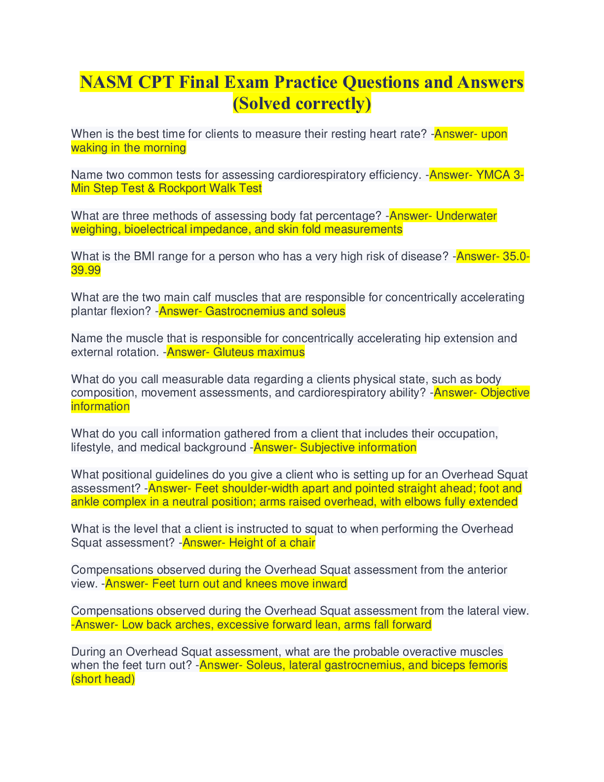 NASM CPT PRACTICE TEST Questions with Complete Solutions - Scholarfriends