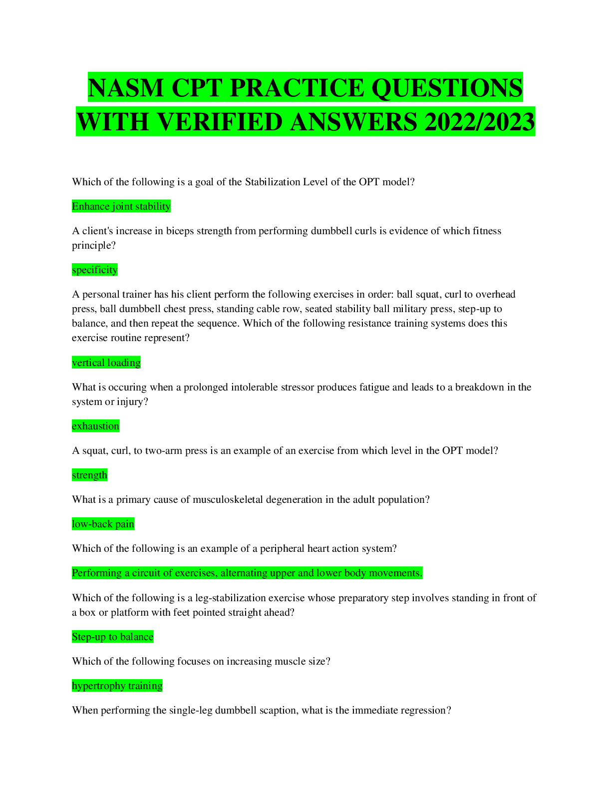NASM CPT PRACTICE QUESTIONS WITH VERIFIED ANSWERS 2022/2023 ...