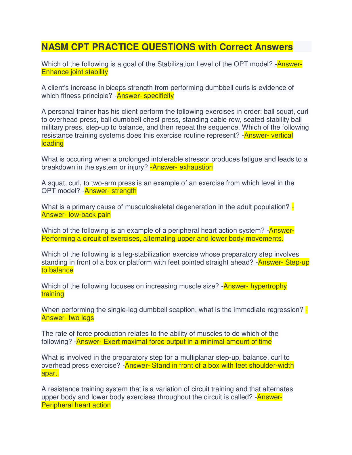 NASM CPT PRACTICE QUESTIONS with Correct Answers - Scholarfriends