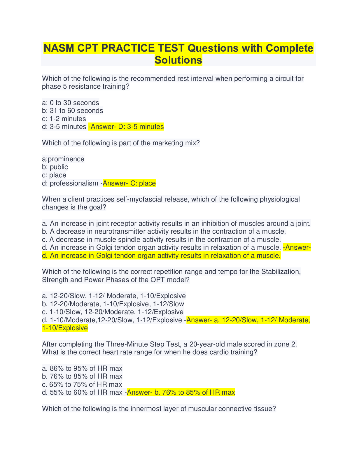 NASM CPT PRACTICE TEST Questions with Complete Solutions - Scholarfriends