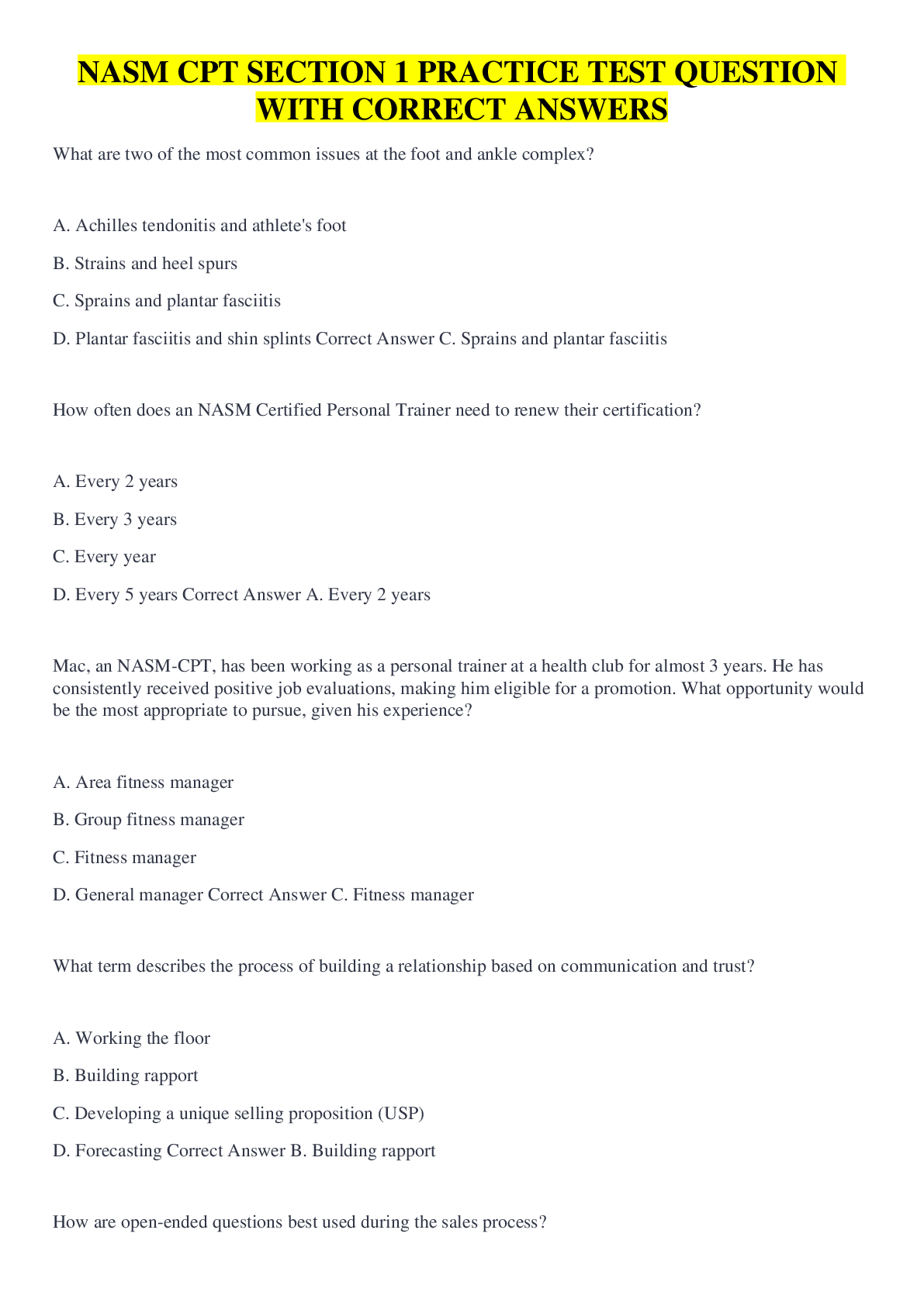 NASM CPT SECTION 1 PRACTICE TEST QUESTION WITH CORRECT ANSWERS ...