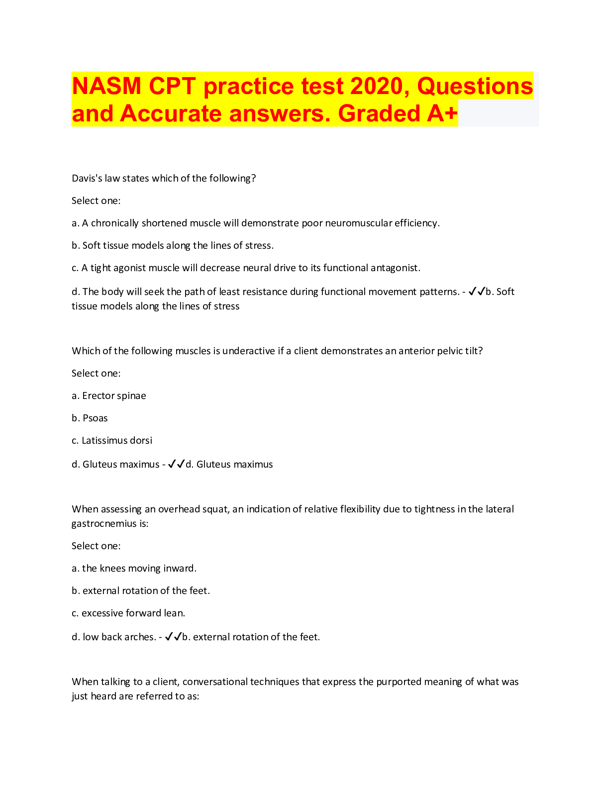 NASM CPT practice test 2020, Questions and answers, rated A+ ...